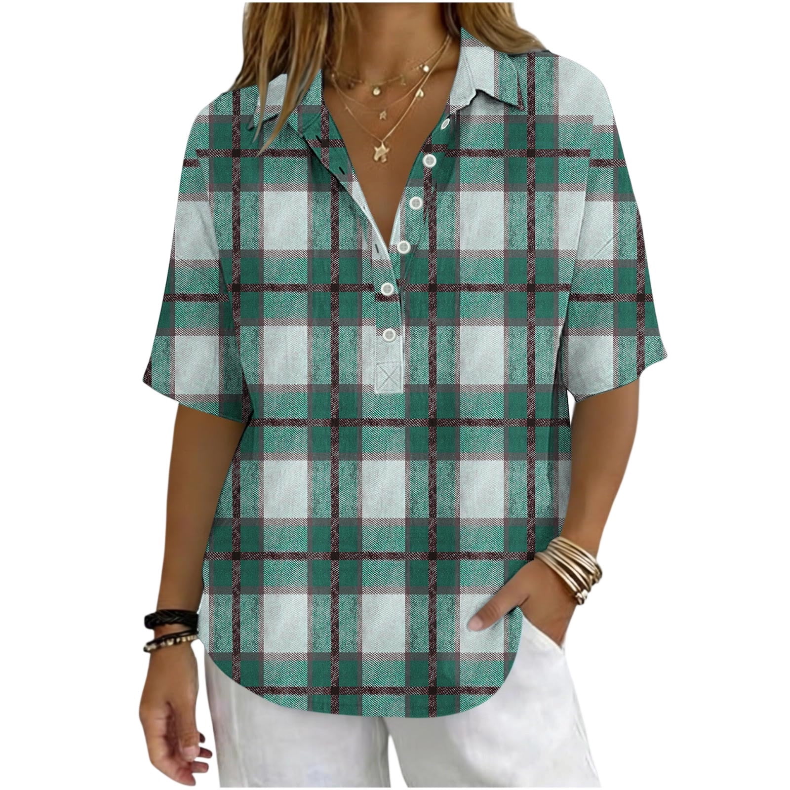 Cmfcve Plaid Printed Short Sleeve Blouse for Women 2026 Summer Collared ...