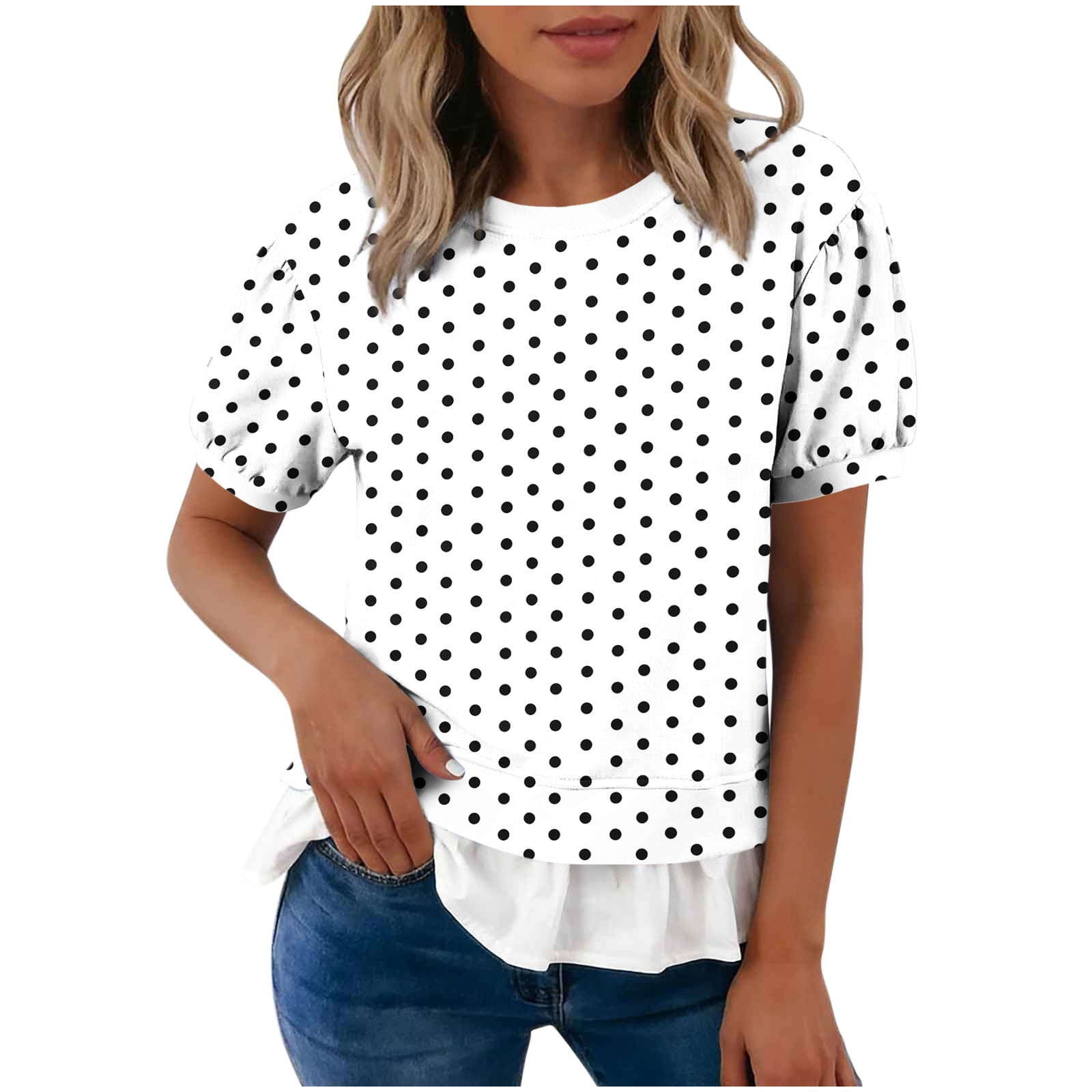 Cmfcve Polka Dot Puff Sleeve Top for Women Crew Neck Contrast Spliced ...
