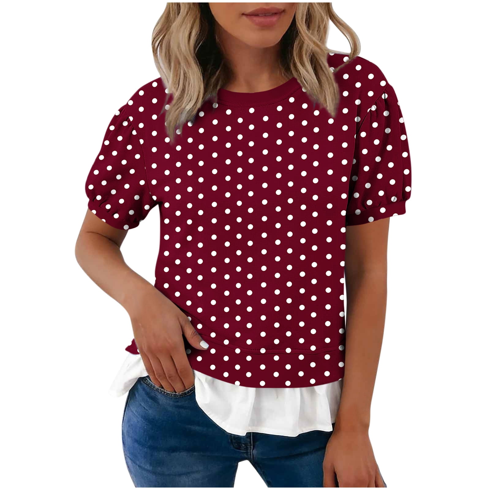 Cmfcve Polka Dot Puff Sleeve Top for Women Crew Neck Contrast Spliced ...