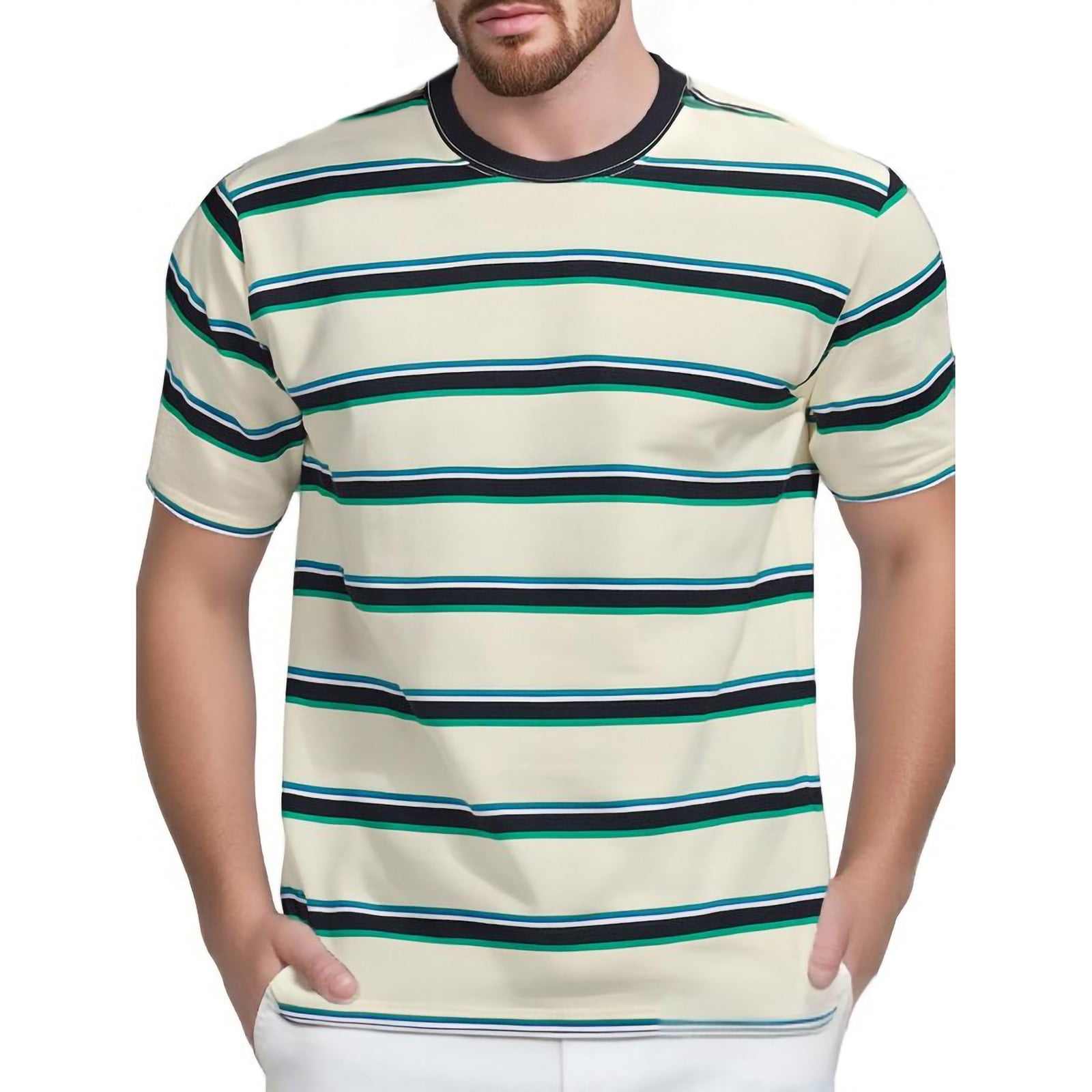 Cmfcve Striped Mens Tee Print Durable Sports T Shirt Short Sleeve Round Neck Blouses