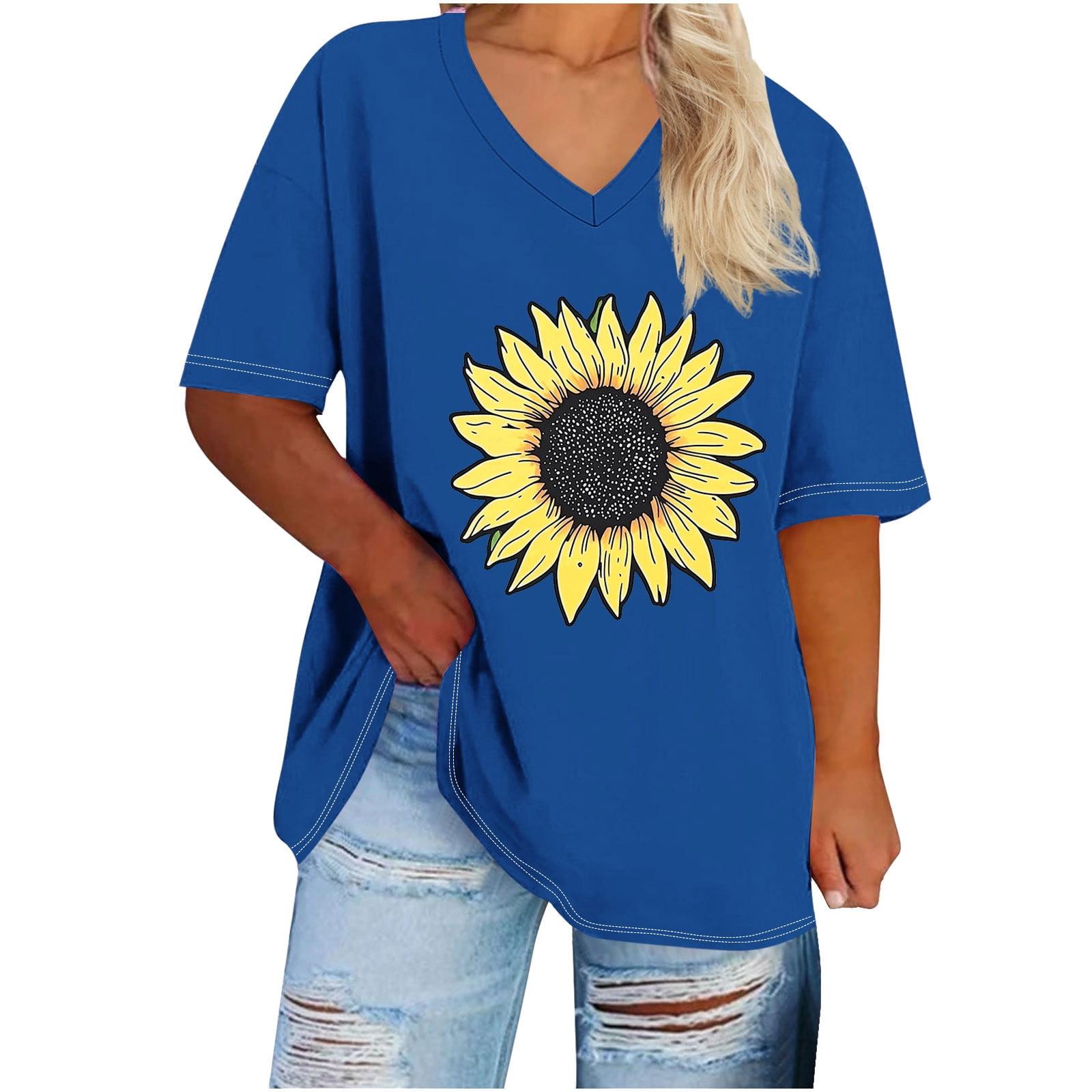 Cmfcve Summer T-Shirts for Women Oversize Cute Pullover Tee Shirt V ...