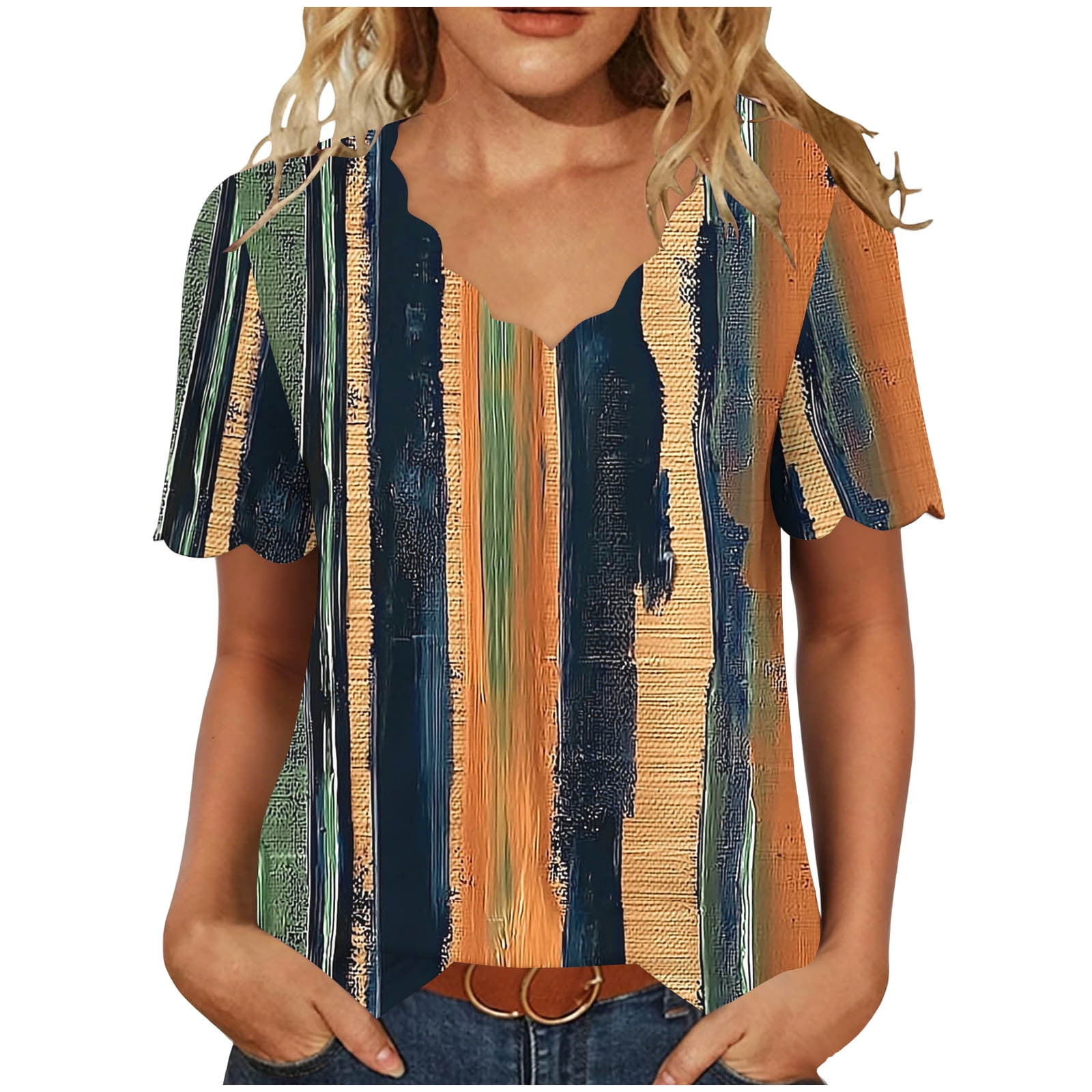 Cmfcve Summer T Shirts for Women Scallop Edge V Neck Tops Printed Petal ...