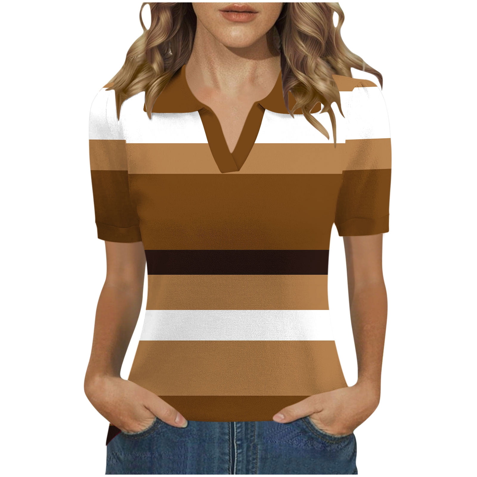 Cmfcve Summer T Shirts for Women Striped Knit V Neck Tops Short Sleeve ...