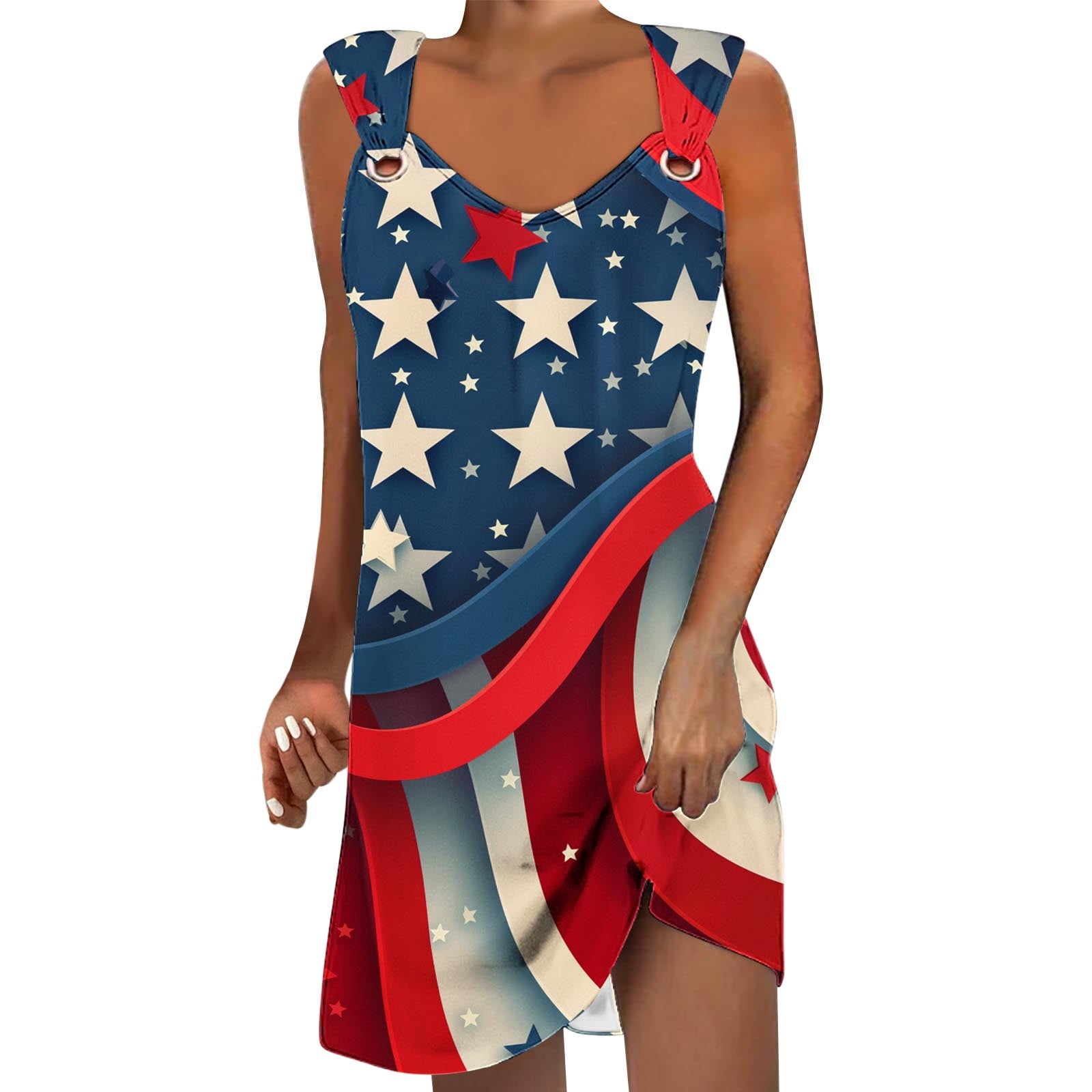 Cmfcve USA Stars Stripes Dresses Sleeveless V-neck Independence Day ...