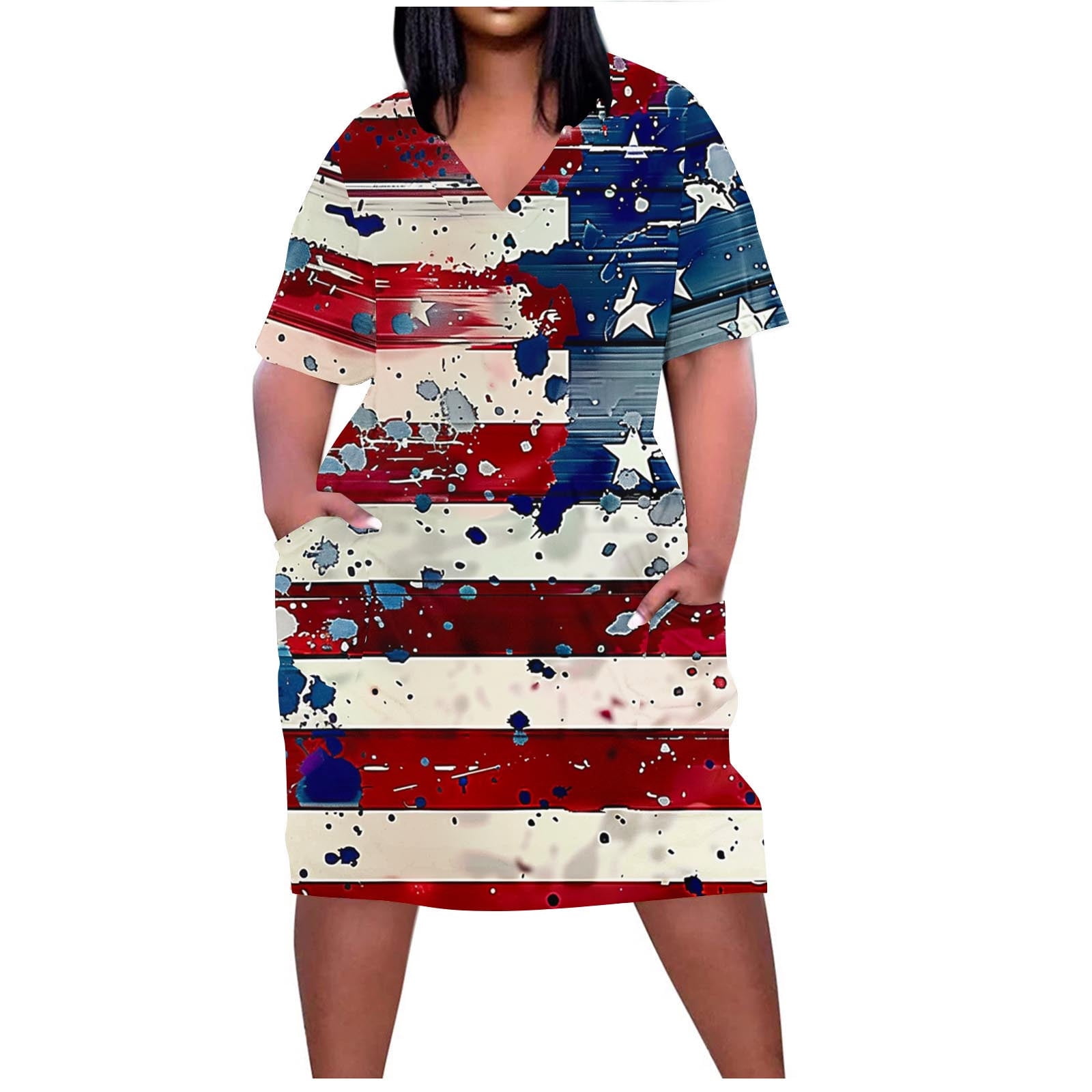 Cmfcve July 4th Dresses for Woman Short Sleeve V-Neck America Flag ...