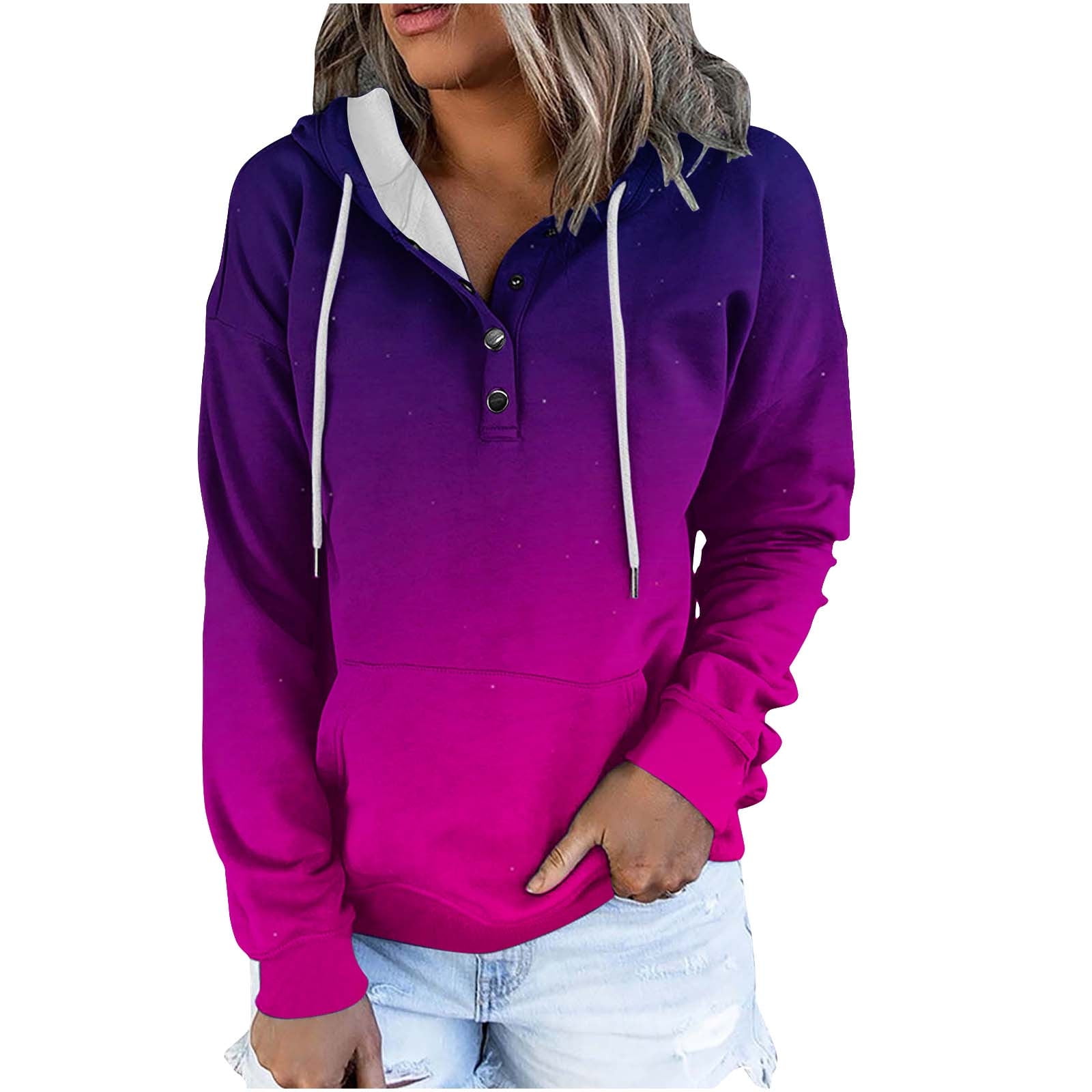 Cmfcve Women's Athletic Hoodies Gradient Color Button Up Casual Hooded ...