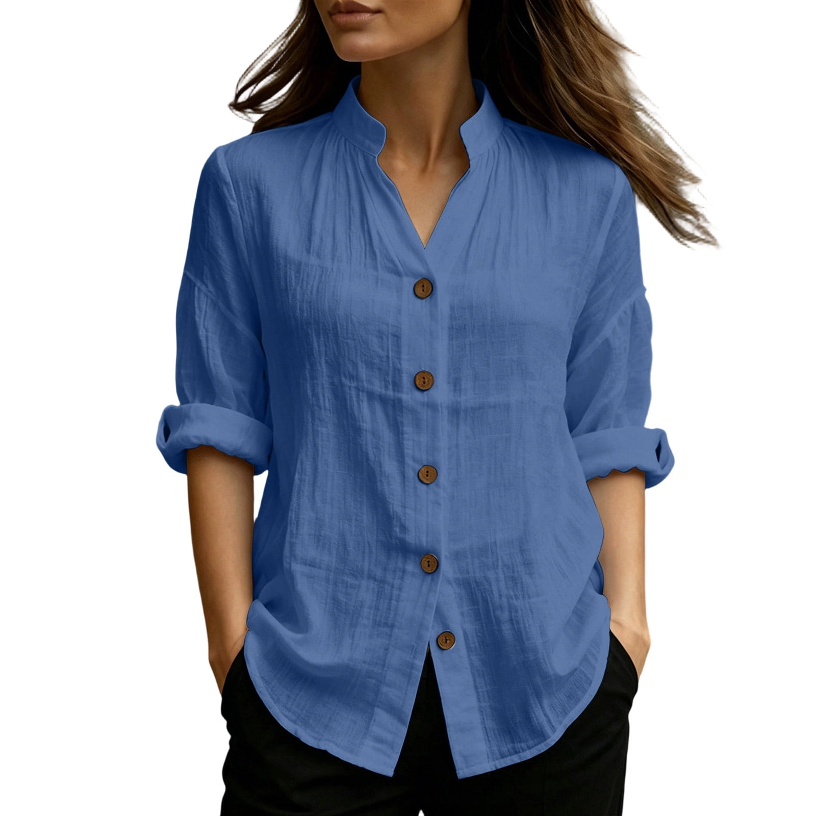 Cmfcve Women's Button Down Shirts Stand Collared Crinkled Linen Blend ...