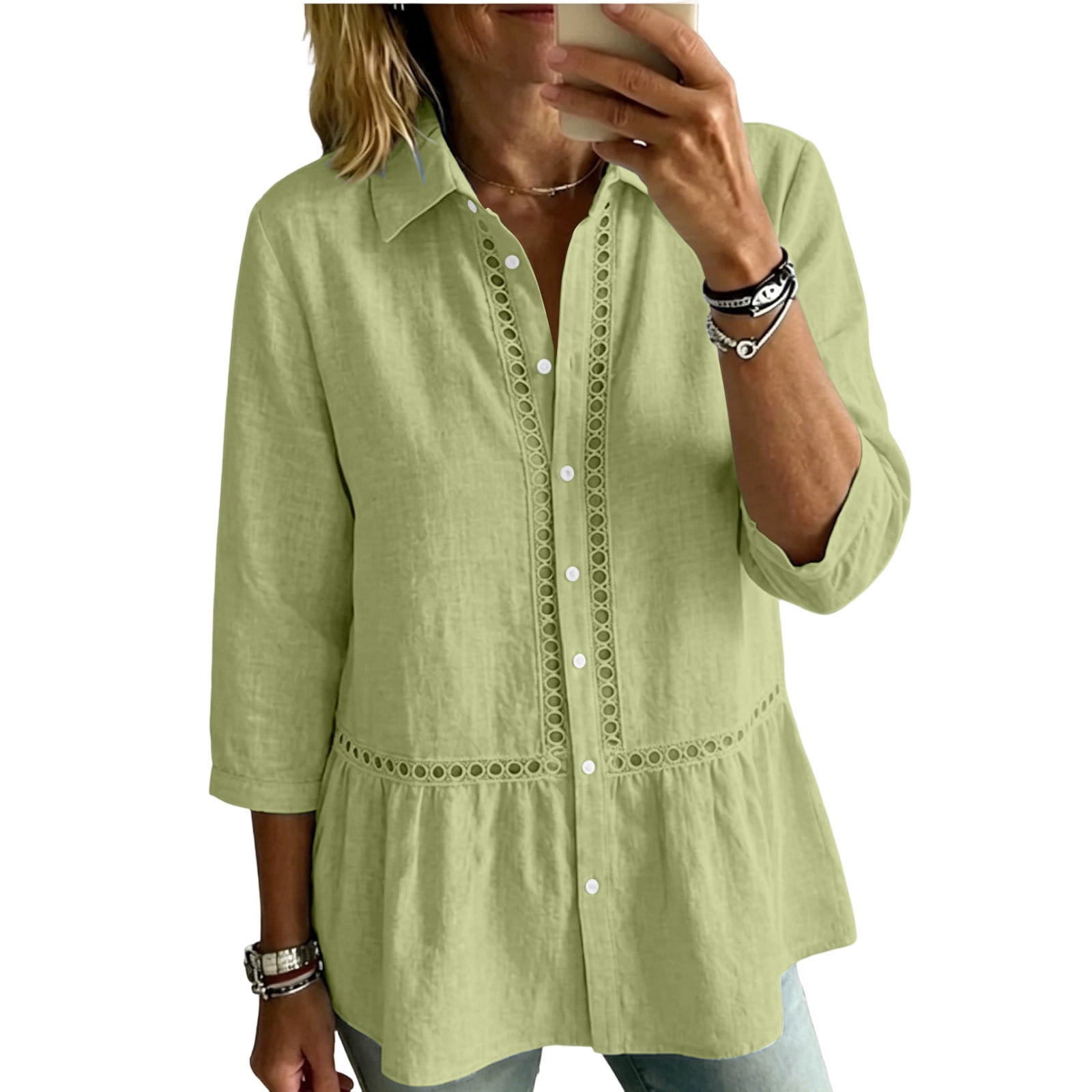 Cmfcve Women's Collared Shirts 3/4 Sleeves Hollow Crochet Lace Trim ...