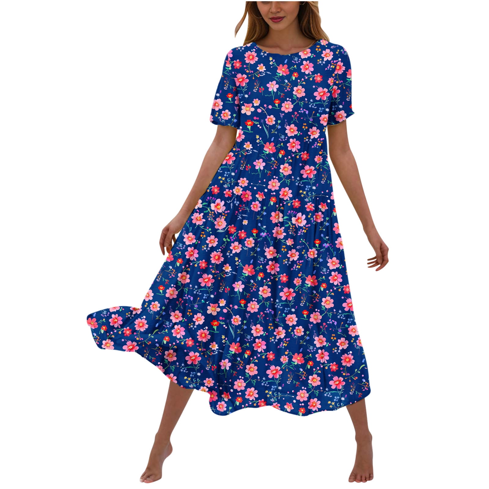 Cmfcve Women's Flower Printing A-Line Dresses Casual Short Sleeve Crew ...