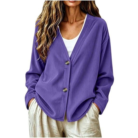 Cmfcve Women's Long Sleeve Shacket Jacket Corduroy Open Front V Neck ...