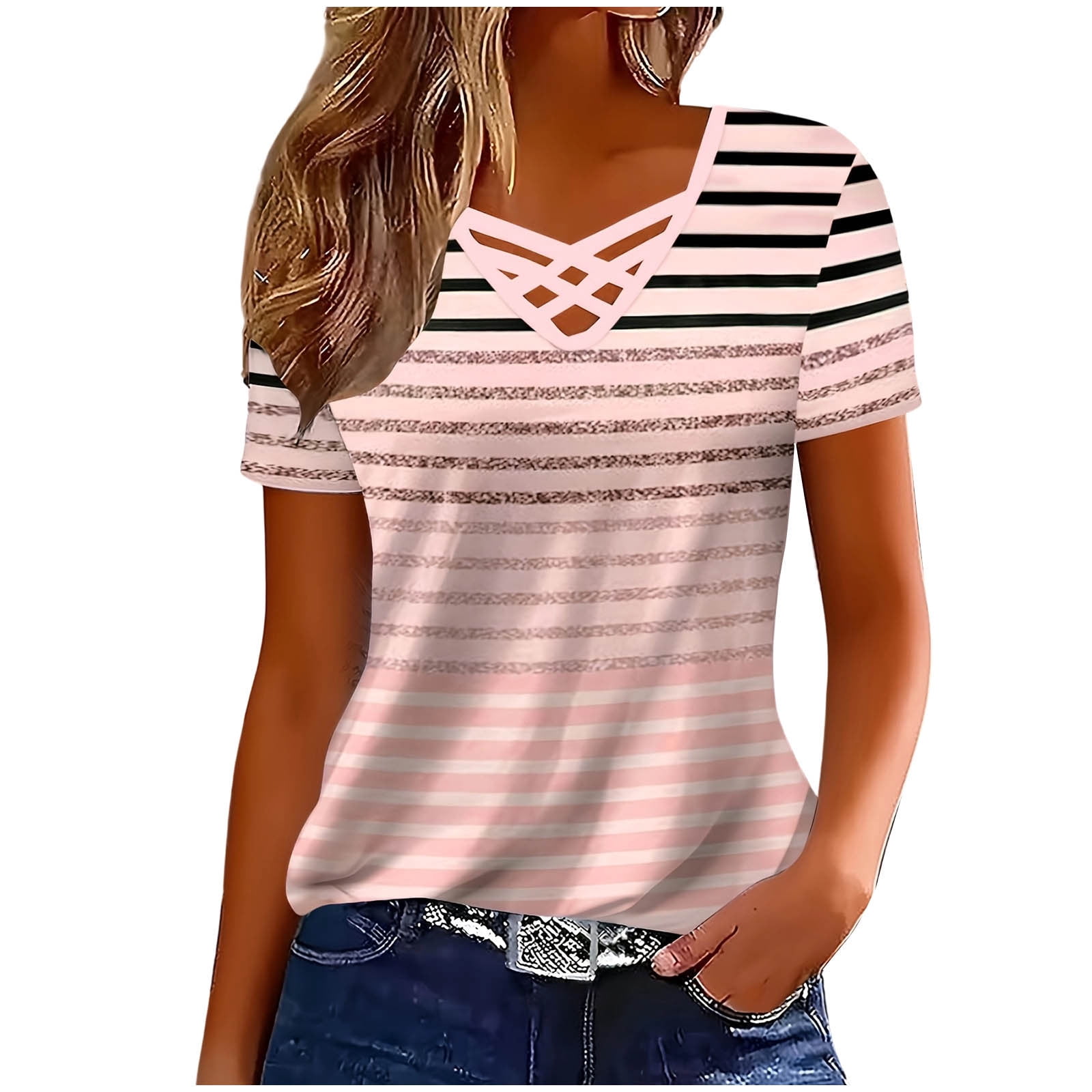 Cmfcve Women's Plus Size Summer Tops Short Sleeve V Neck Criss Cross T ...