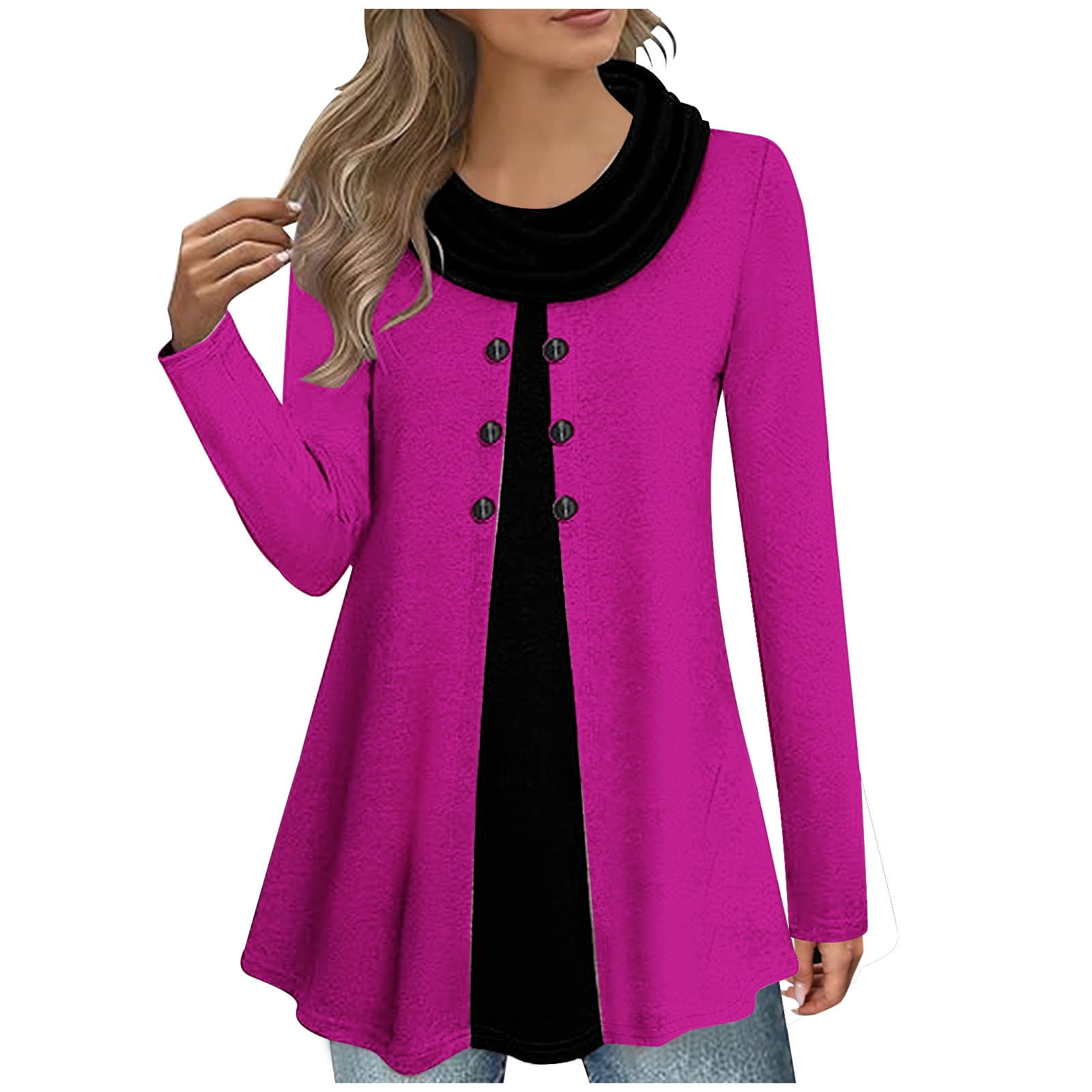 Cmfcve Women's Plus Size Sweatshirt Mock Two Piece Button Trim Tunic Tops Long Sleeve Crew Neck ...
