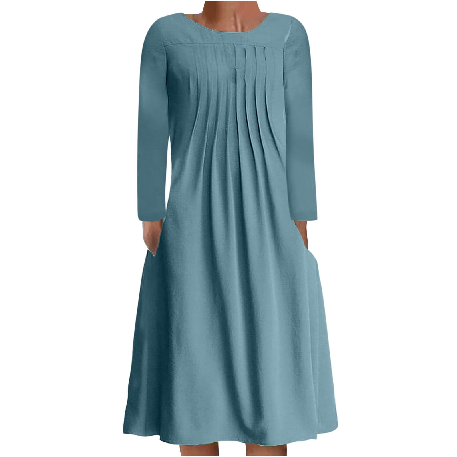 Cmfcve Women's Shirt Dress Long Sleeve Round Neck Knee Length Work ...