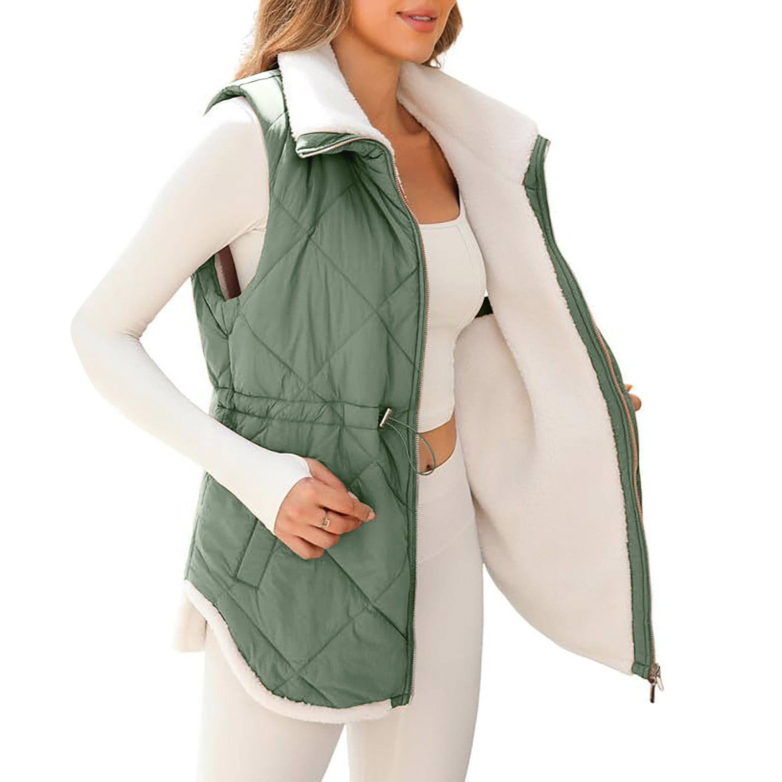 Cmfcve Women's Sleeveless Vest Fleece-Lined Drawstring Waist Coat ...