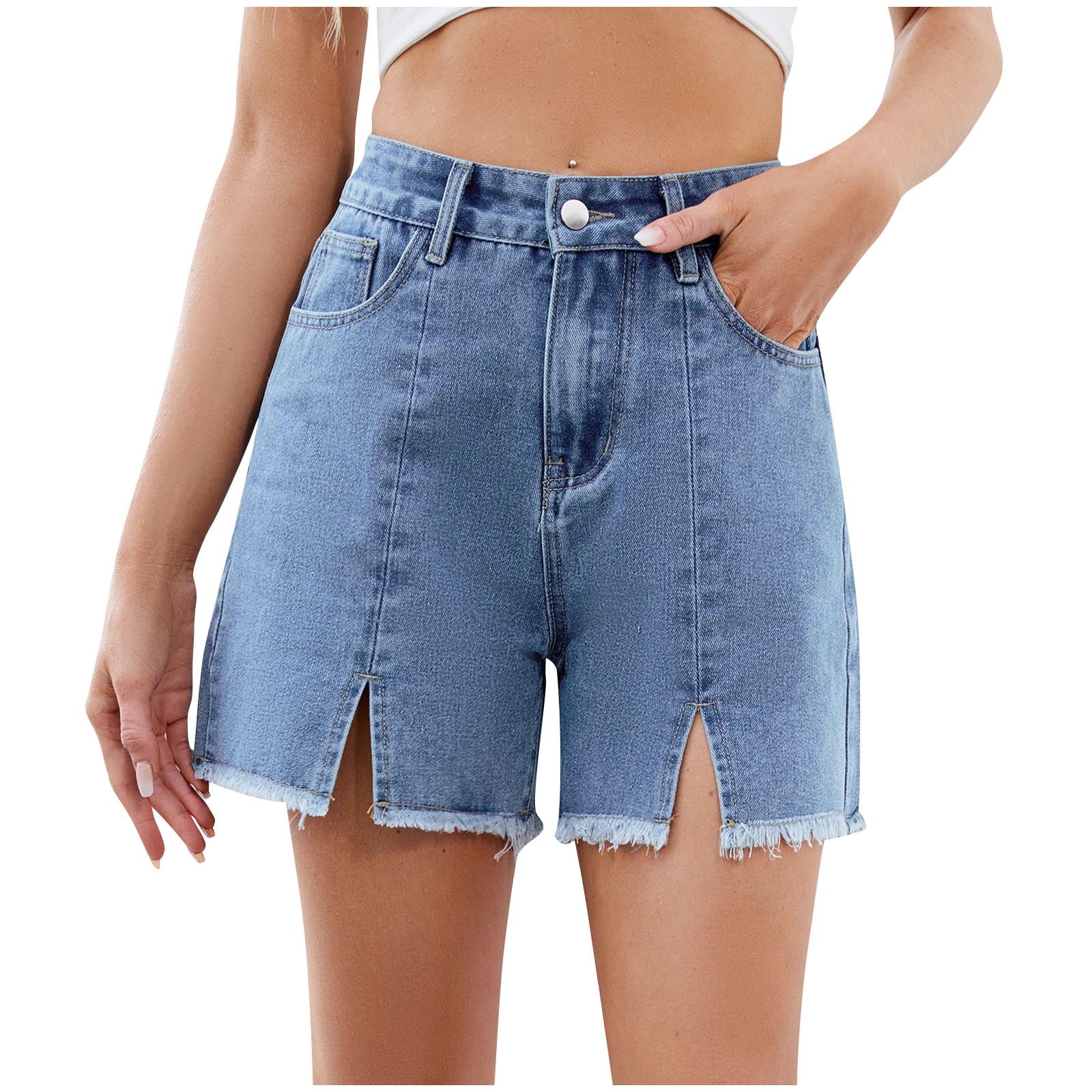 Cmfcve Women's Summer Denim Shorts Split Hem High Waist Denim Shorts ...