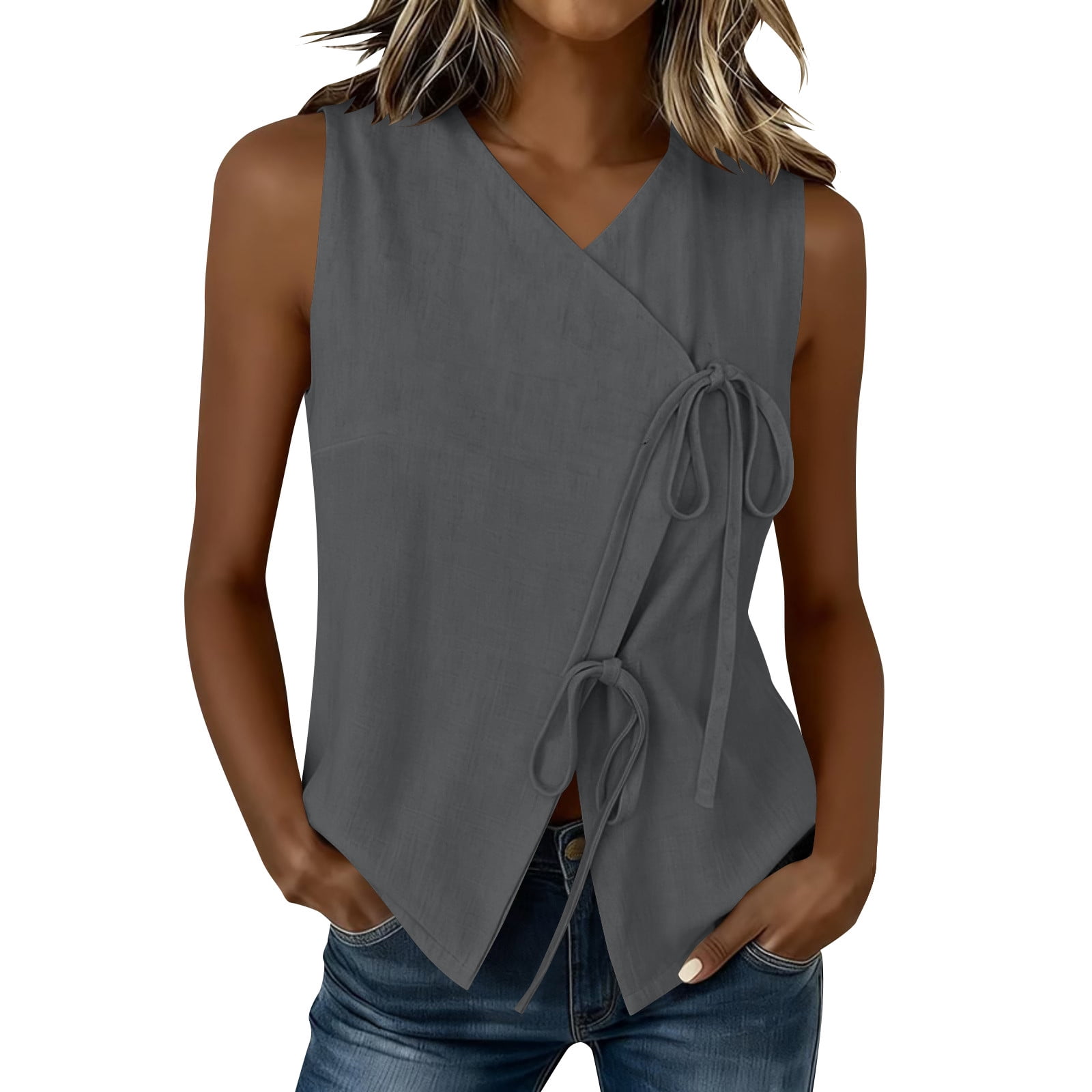 Cmfcve Women's Summer Tank Tops Cotton Linen Side Tie V Neck Vest Wrap ...
