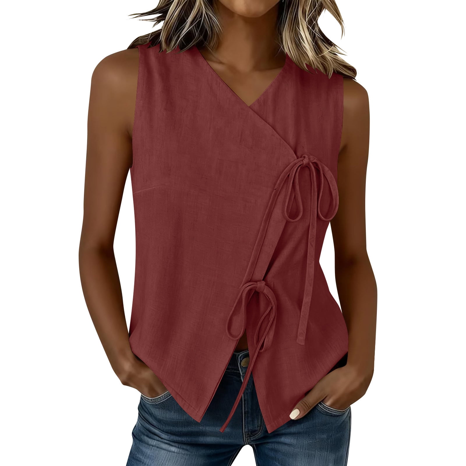 Cmfcve Women's Summer Tank Tops Cotton Linen Side Tie V Neck Vest Wrap ...