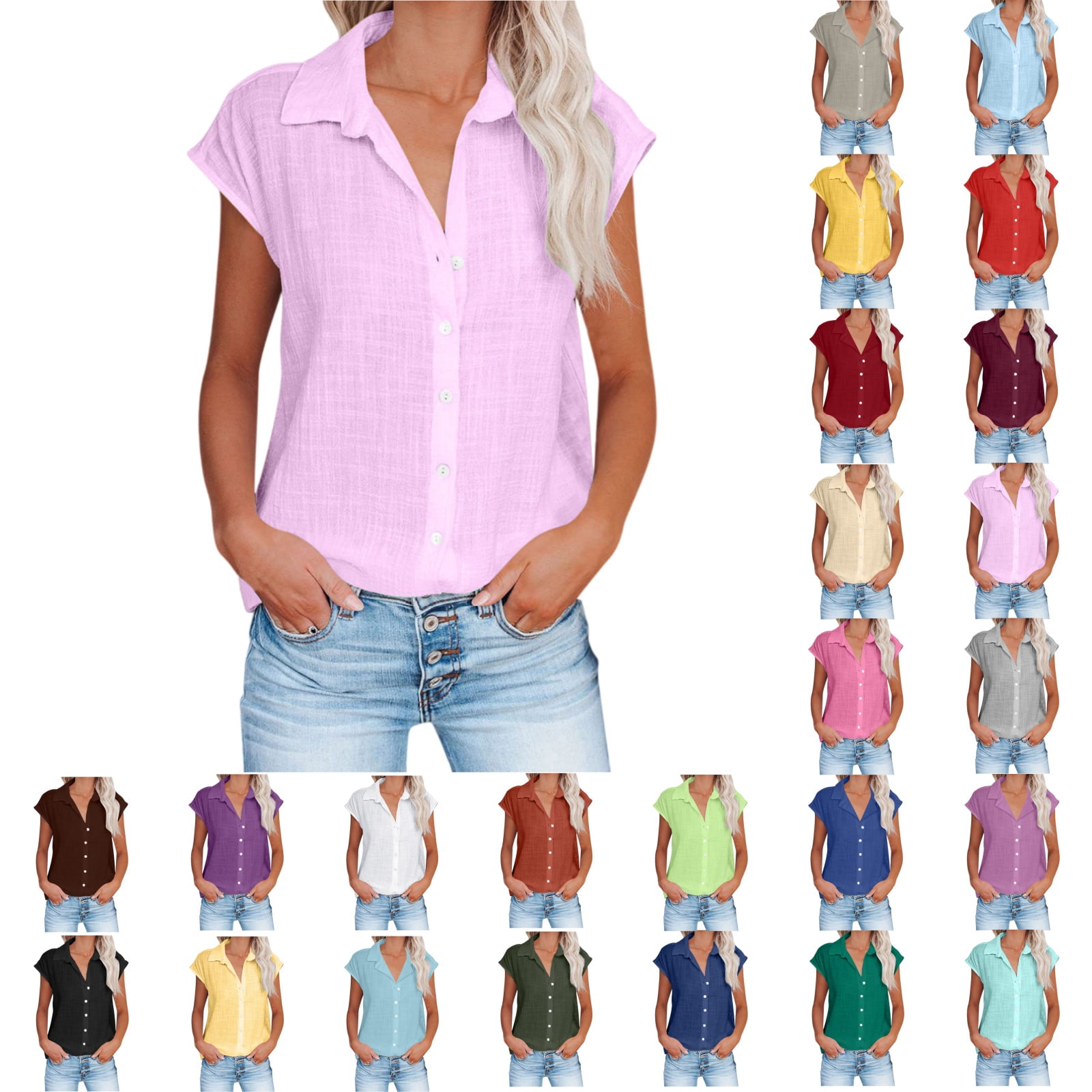 Cmfcve Womens Button Down Shirts Plus Size Cotton Linen Short Sleeve ...