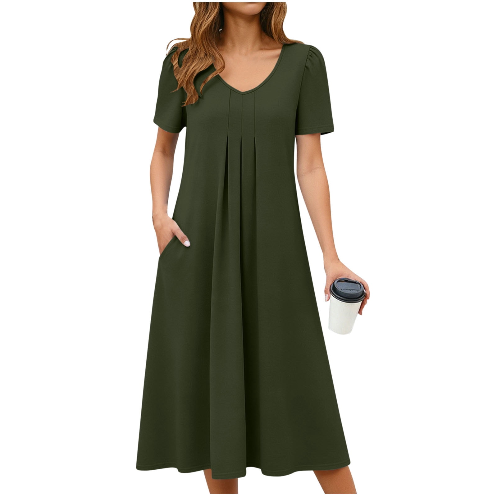 Cmfcve Womens Casual Dresses for Summer Short Sleeve V Neck Midi Dress ...