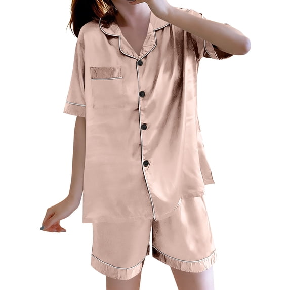 Cmfcve Womens Plus Size Silk Satin Pajama Sets Soft Short Sleeve Button ...