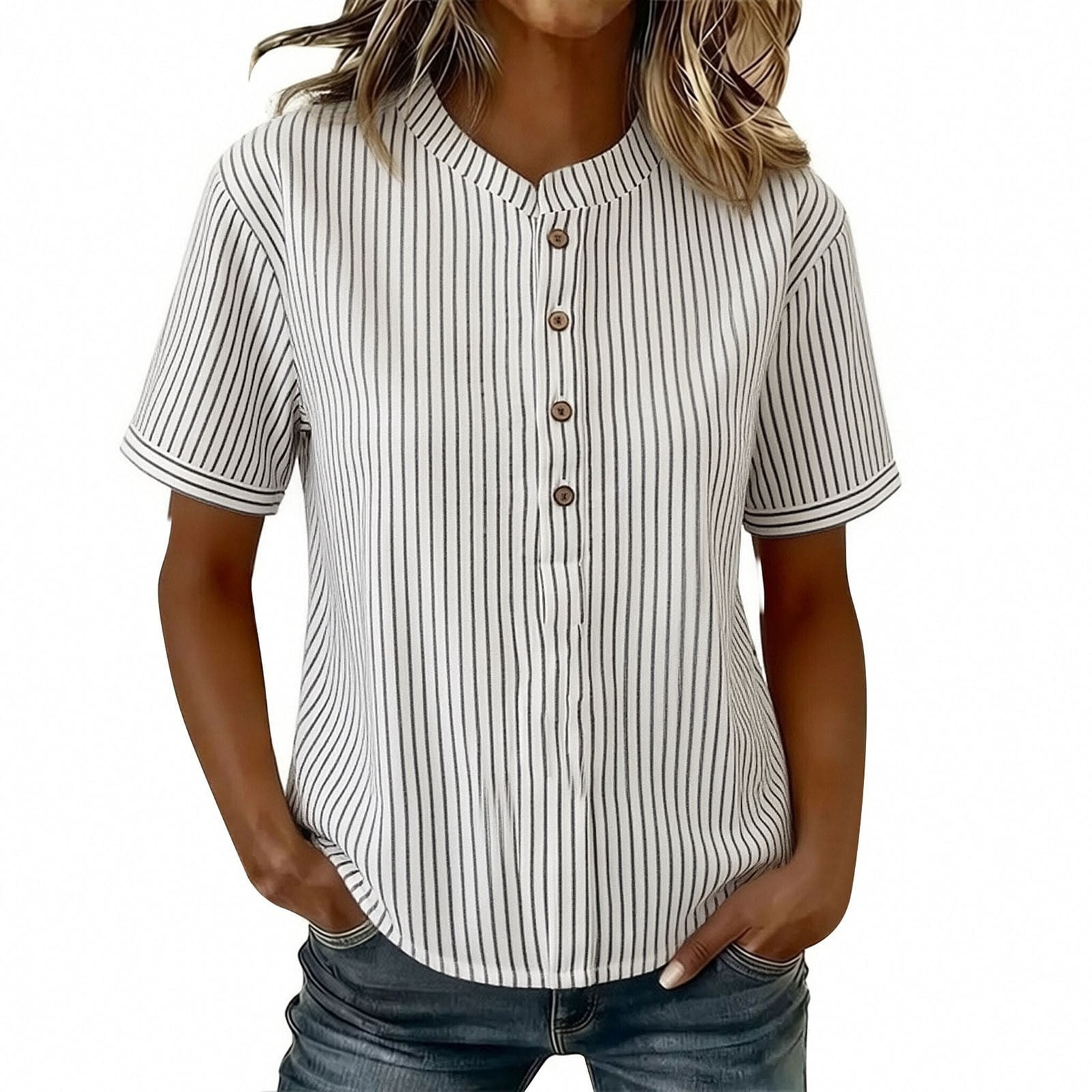 Cmfcve Womens Tops Striped Henley Neck Half Button Down Shirt Casual ...