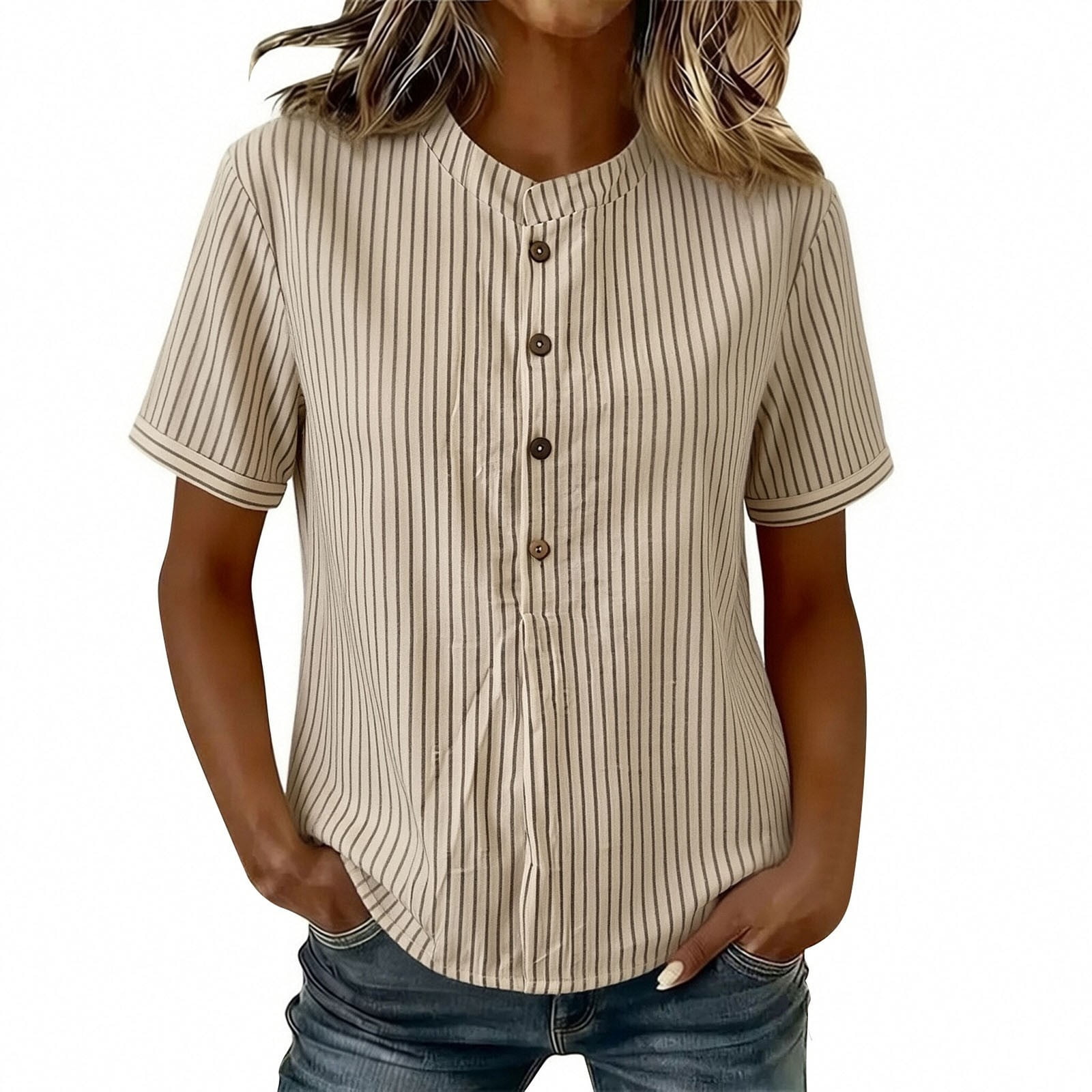 Cmfcve Womens Tops Striped Henley Neck Half Button Down Shirt Casual ...