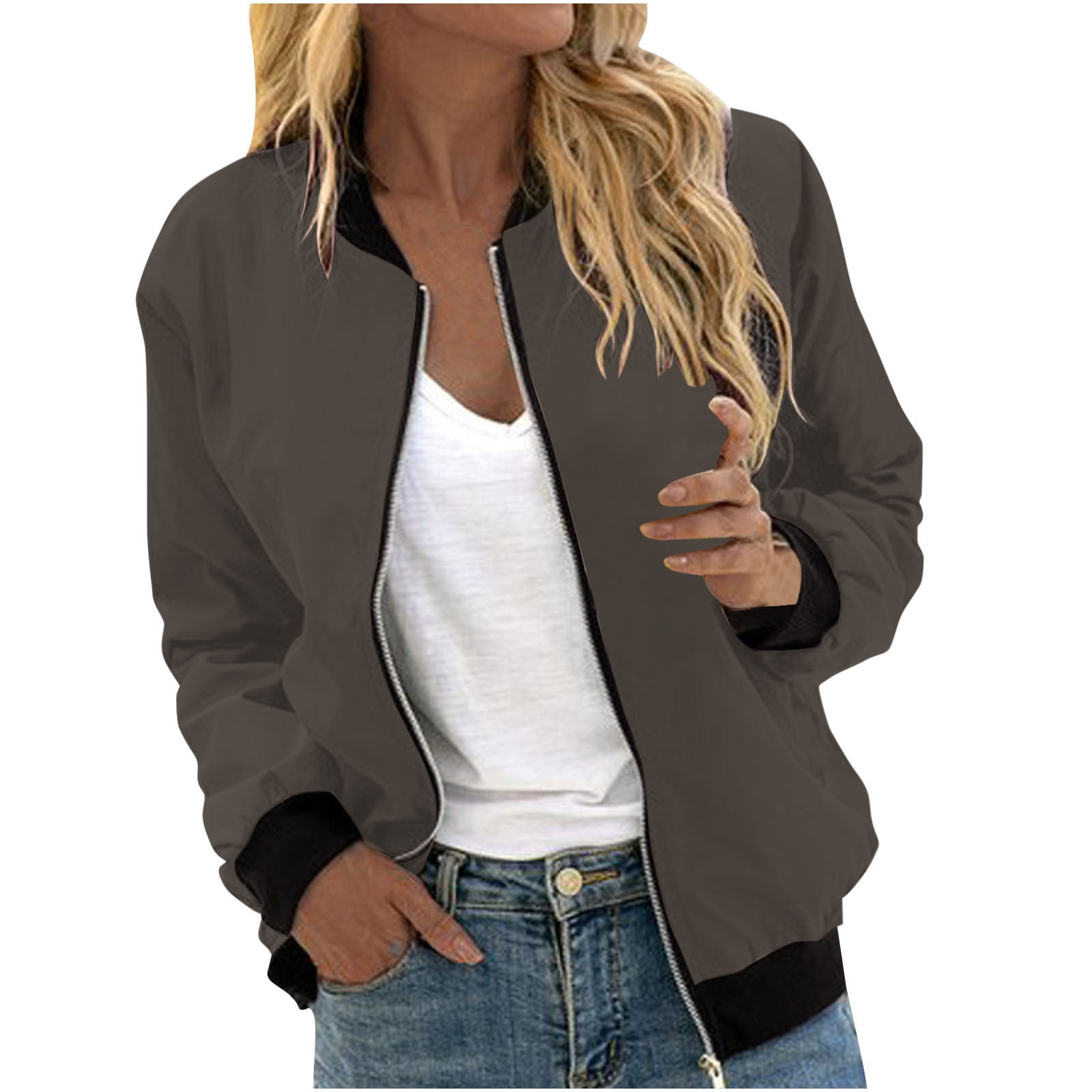 Cmfcve Zipper Front Cardigan Jacket for Woman Long Sleeve Crew Neck ...