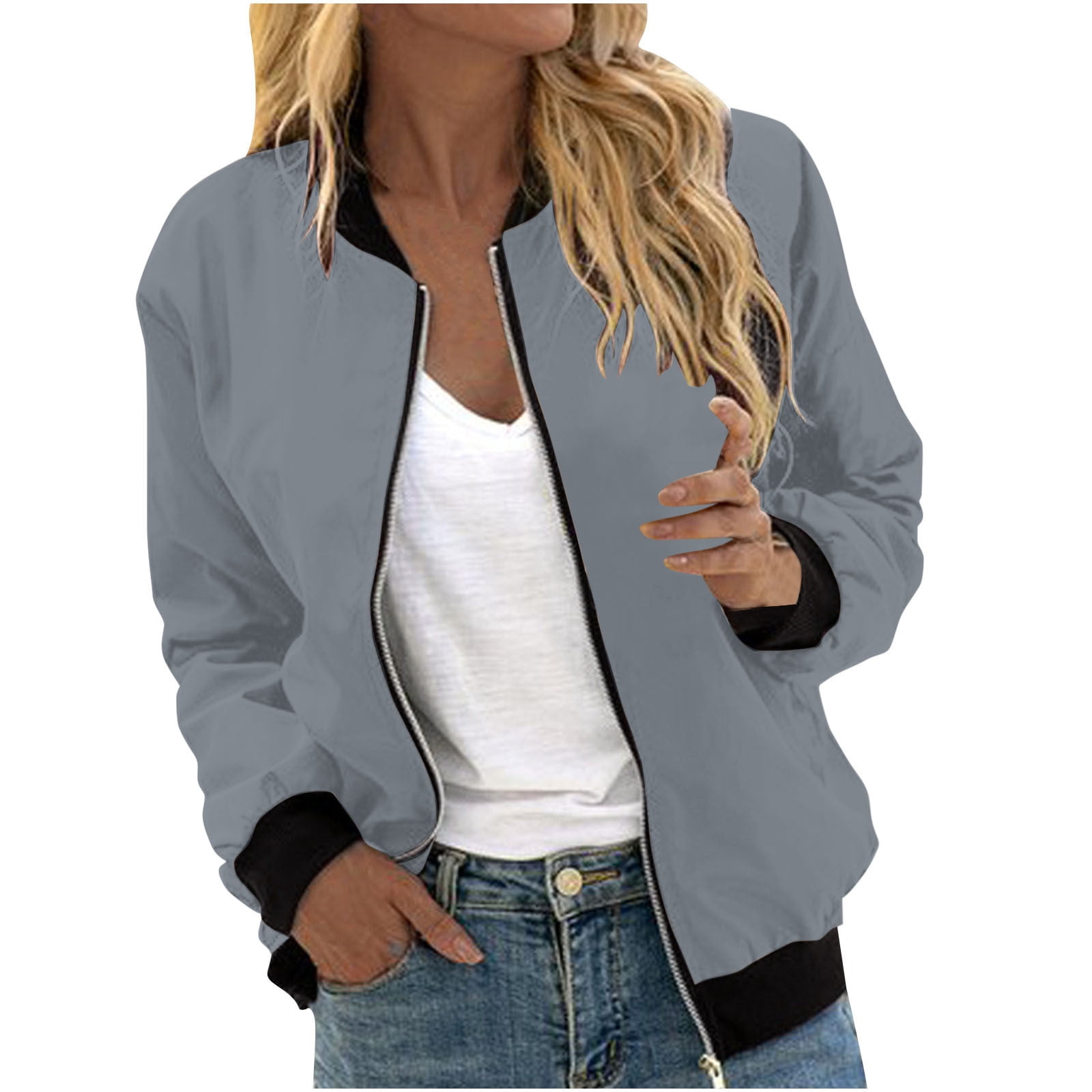 Cmfcve Zipper Front Cardigan Jacket for Woman Long Sleeve Crew Neck ...
