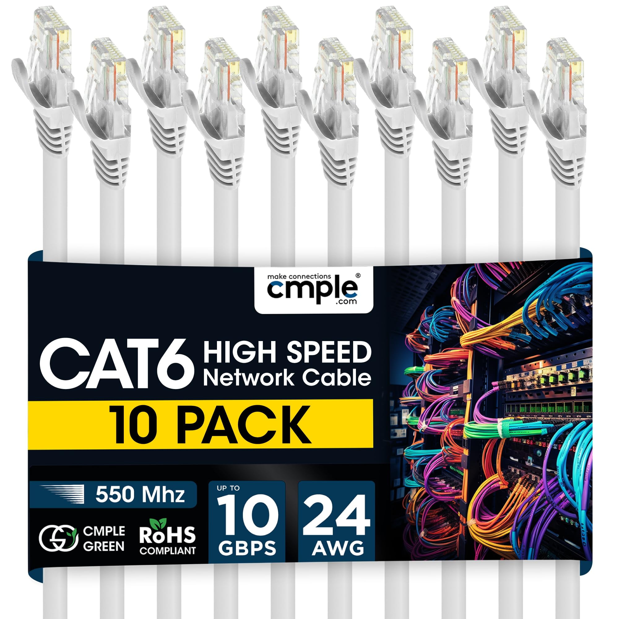 Cmple - 10 Pack Cat6 Ethernet Cable 7 ft Cat 6 Network Cables with RJ45 Connectors 10Gbps ...