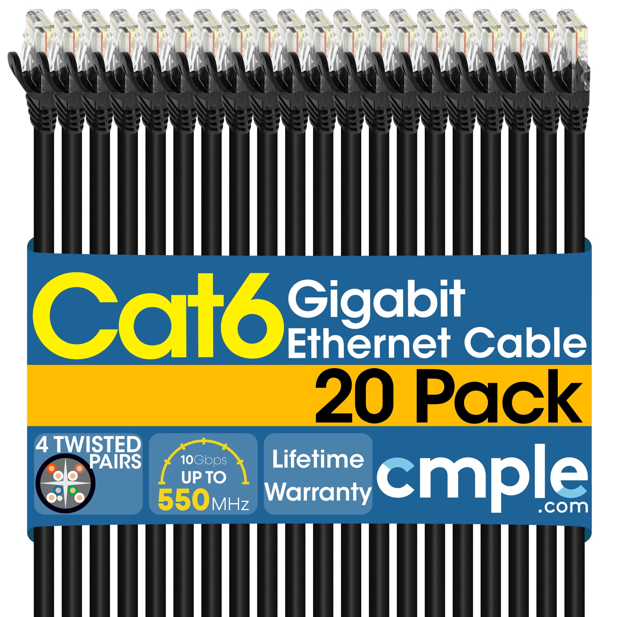Cmple - [20 PACK] 5 Feet Cat6 Ethernet Cable, Cat6 Cable, Network Patch Cord, 550 MHz 10 Gbps ...