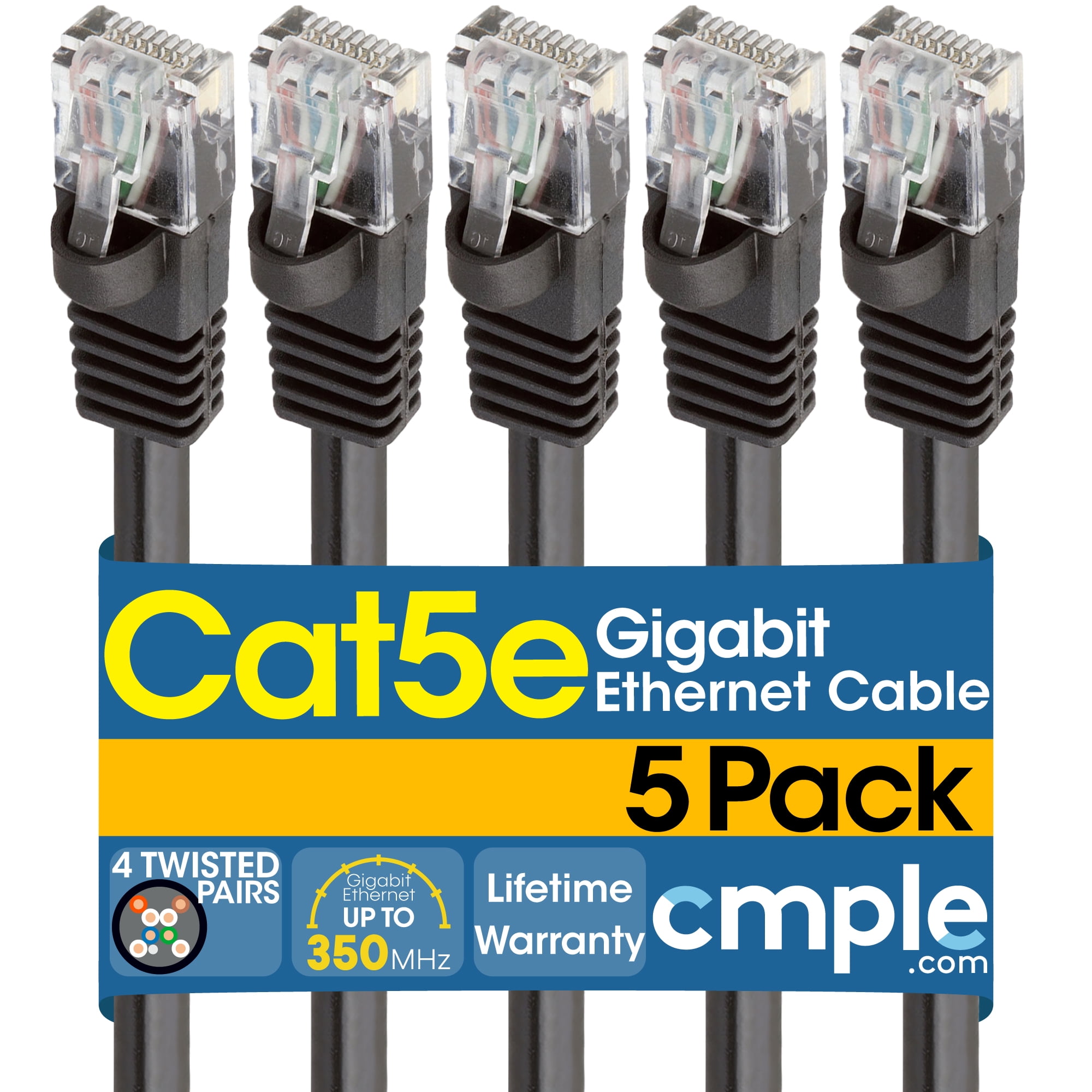 Cmple - [5 PACK] 10 Feet Cat5e Cable, Ethernet Patch Cord, Black Cat5 ...
