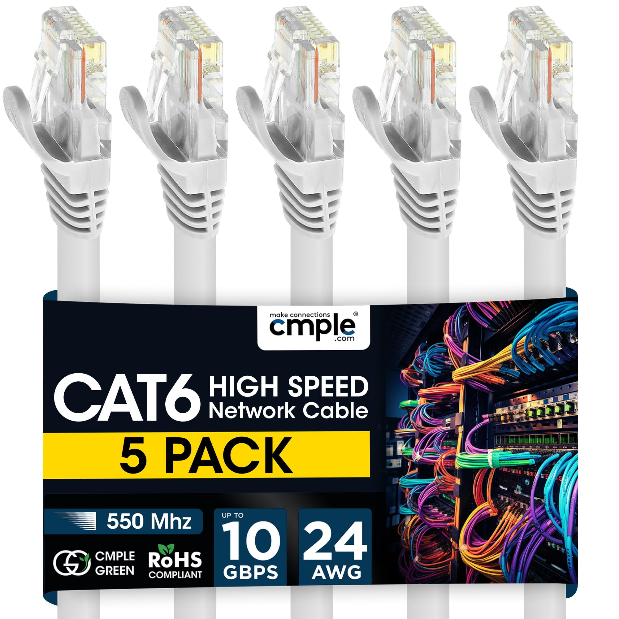 Cmple – 5 Pack Cat6 Ethernet Cable 10 ft, High Speed Cat6 Internet ...