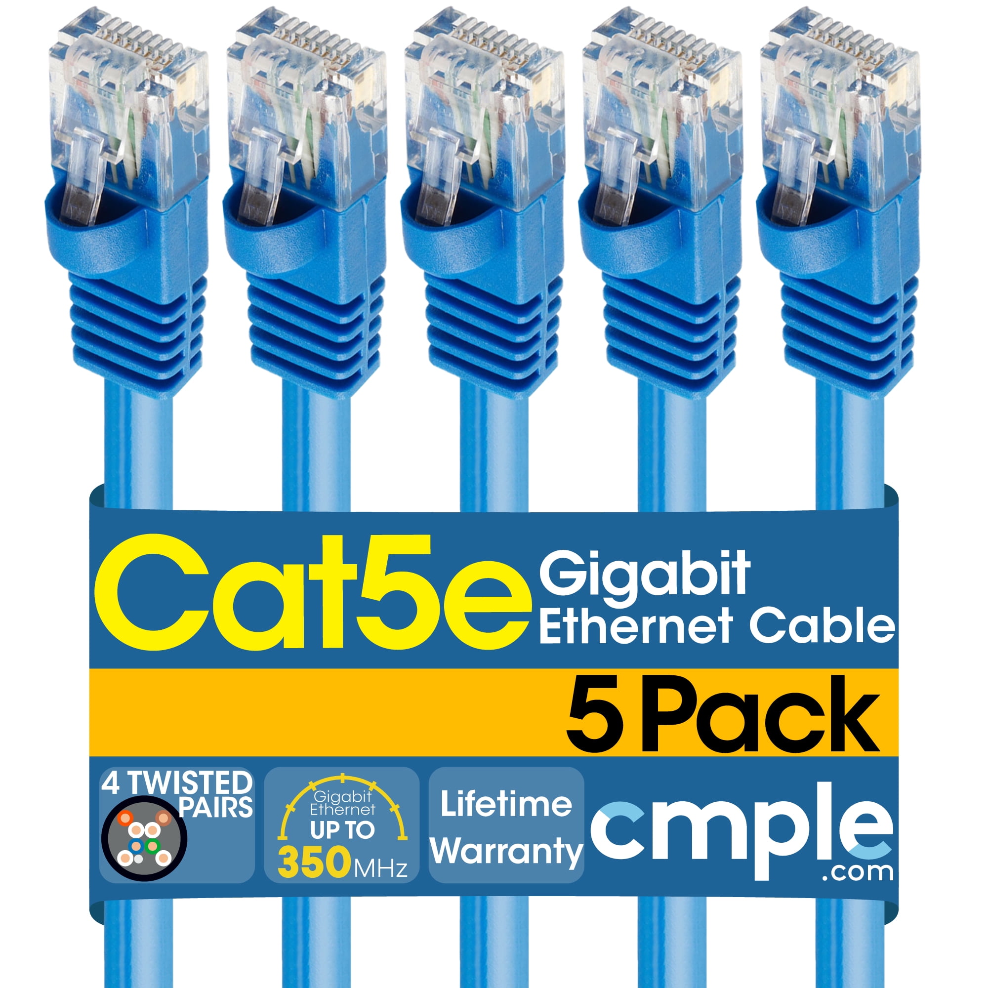 Cmple - [5 PACK] 15 Feet Cat5e Cable, Ethernet Patch Cord, Blue Cat5 Wire for Fast Internet ...