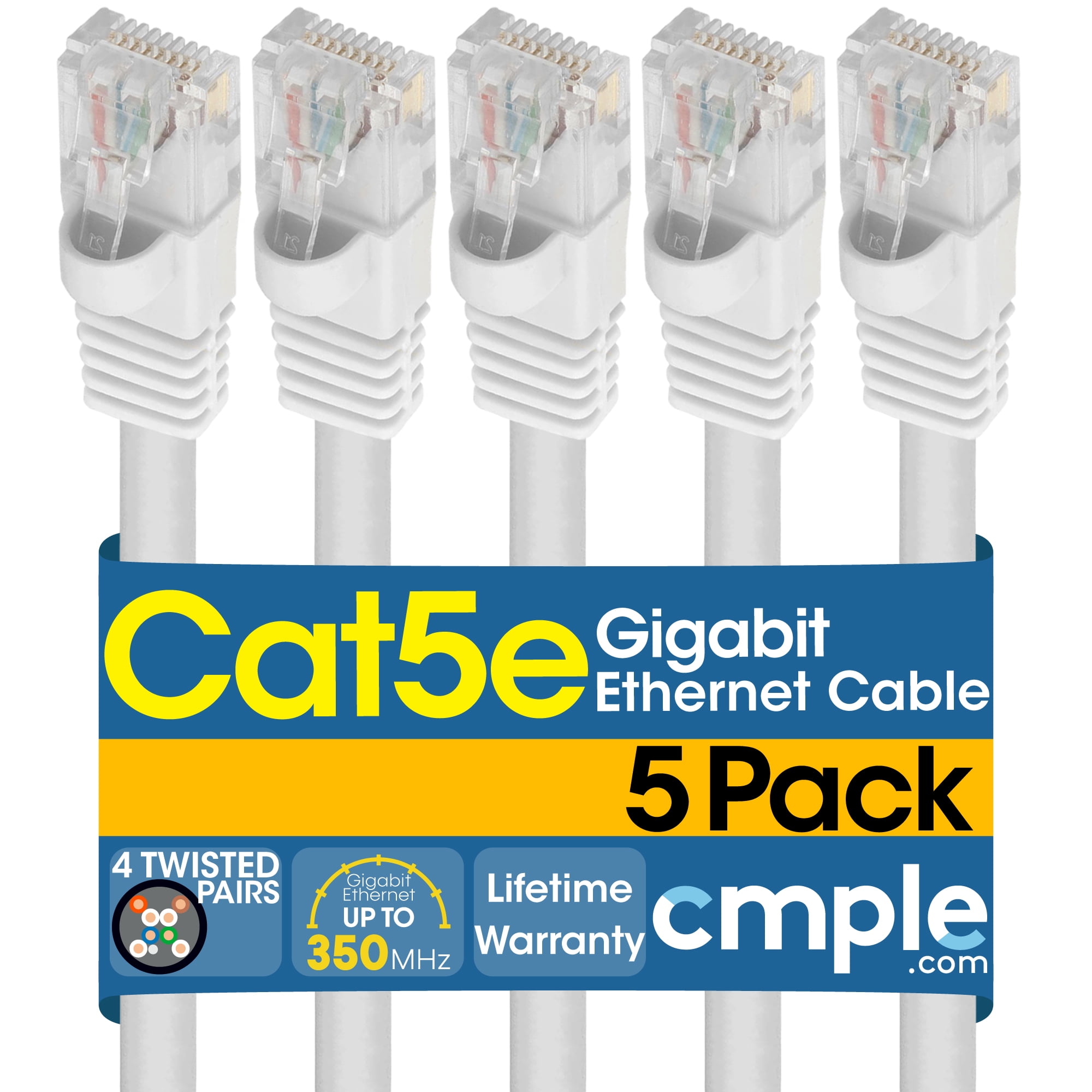 Cmple - [5 PACK] 15 Feet Cat5e Cable, Ethernet Patch Cord, Cat5e Cable, White Cat5 Wire for Fast ...