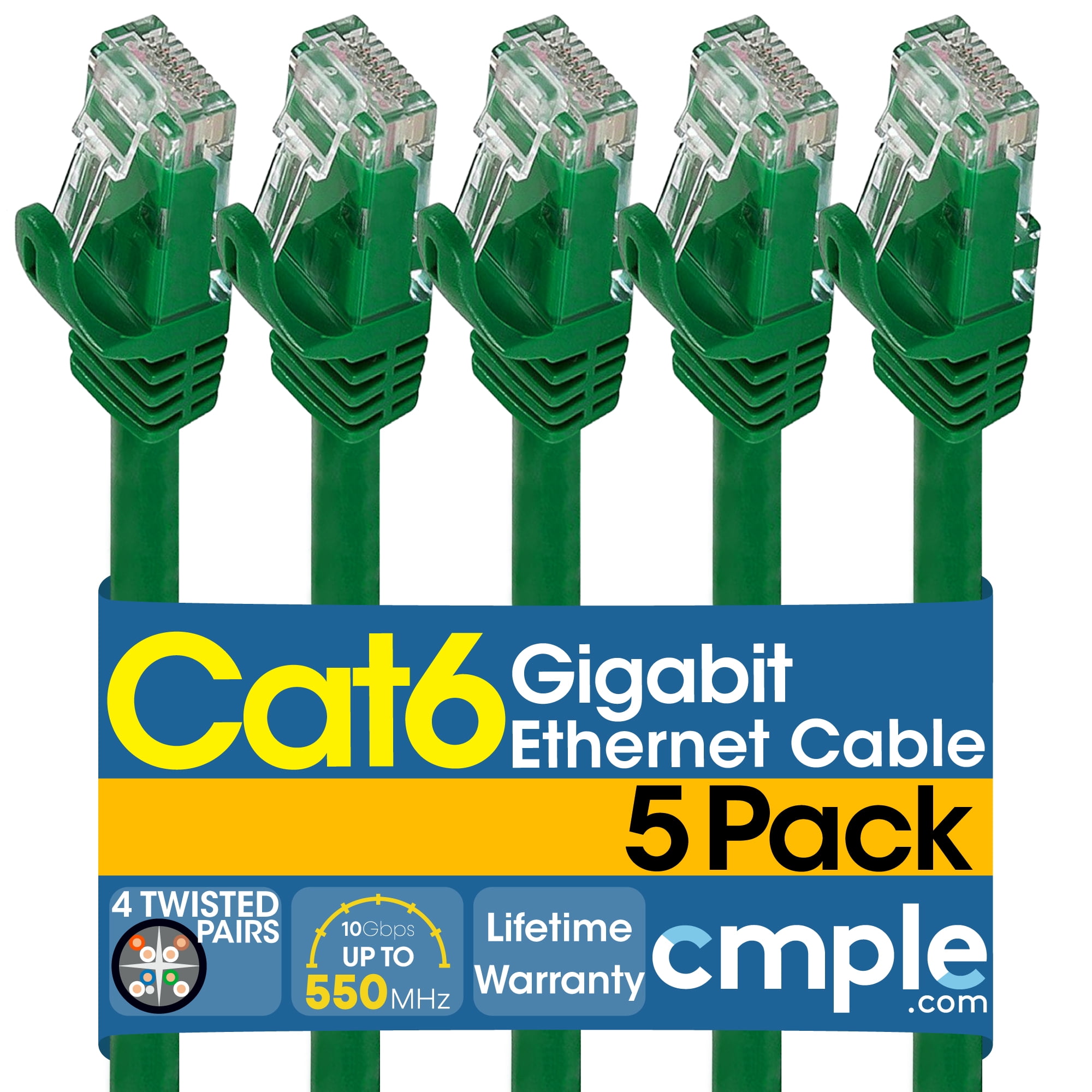 Cmple - [5 PACK] 3 Feet Cat6 Ethernet Cable, 10 Gigabit Network Cord, Cat6 Cable, Ethernet Patch ...