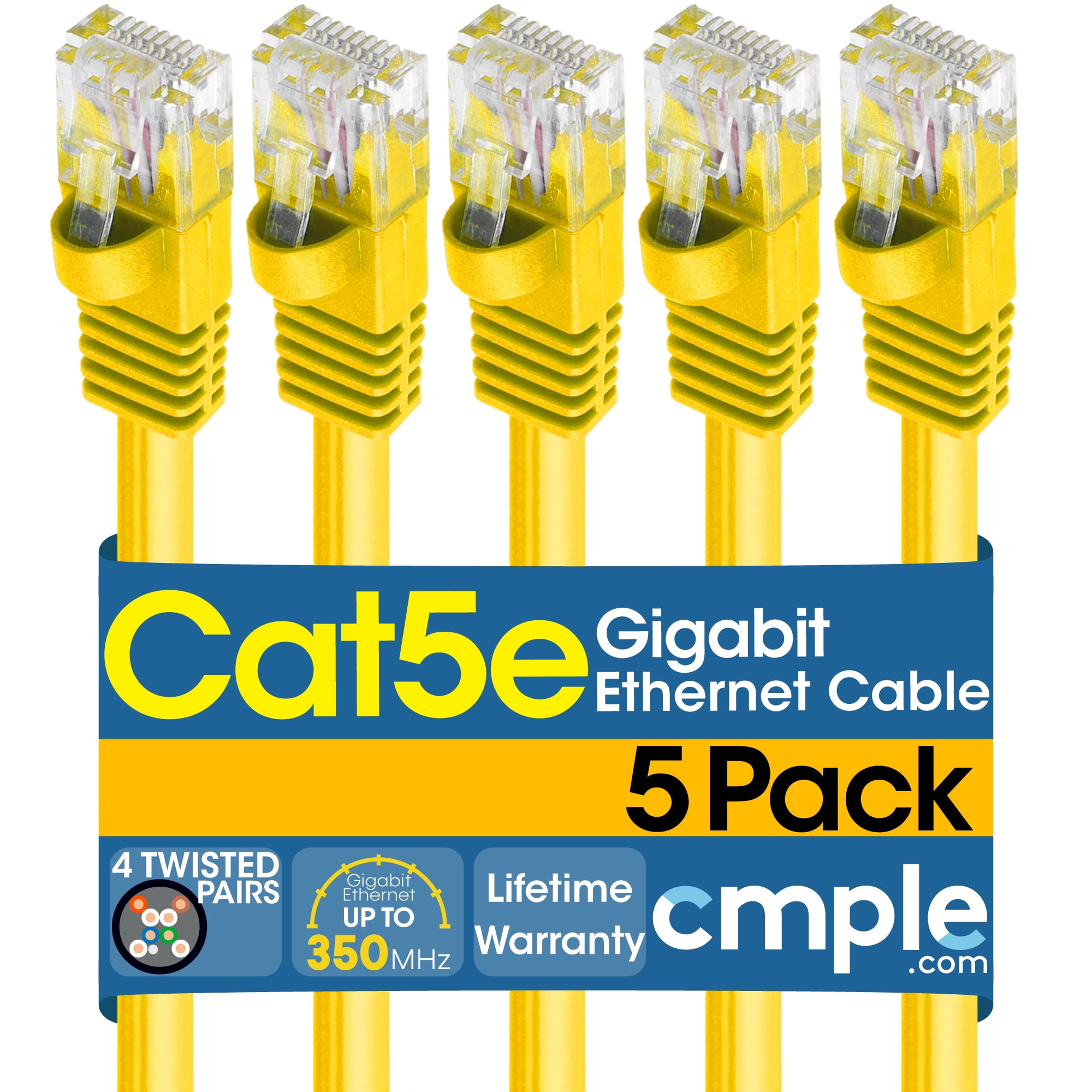 Cmple - [5 PACK] 7 Feet Cat5e Cable, Ethernet Patch Cord, Yellow Cat5 ...