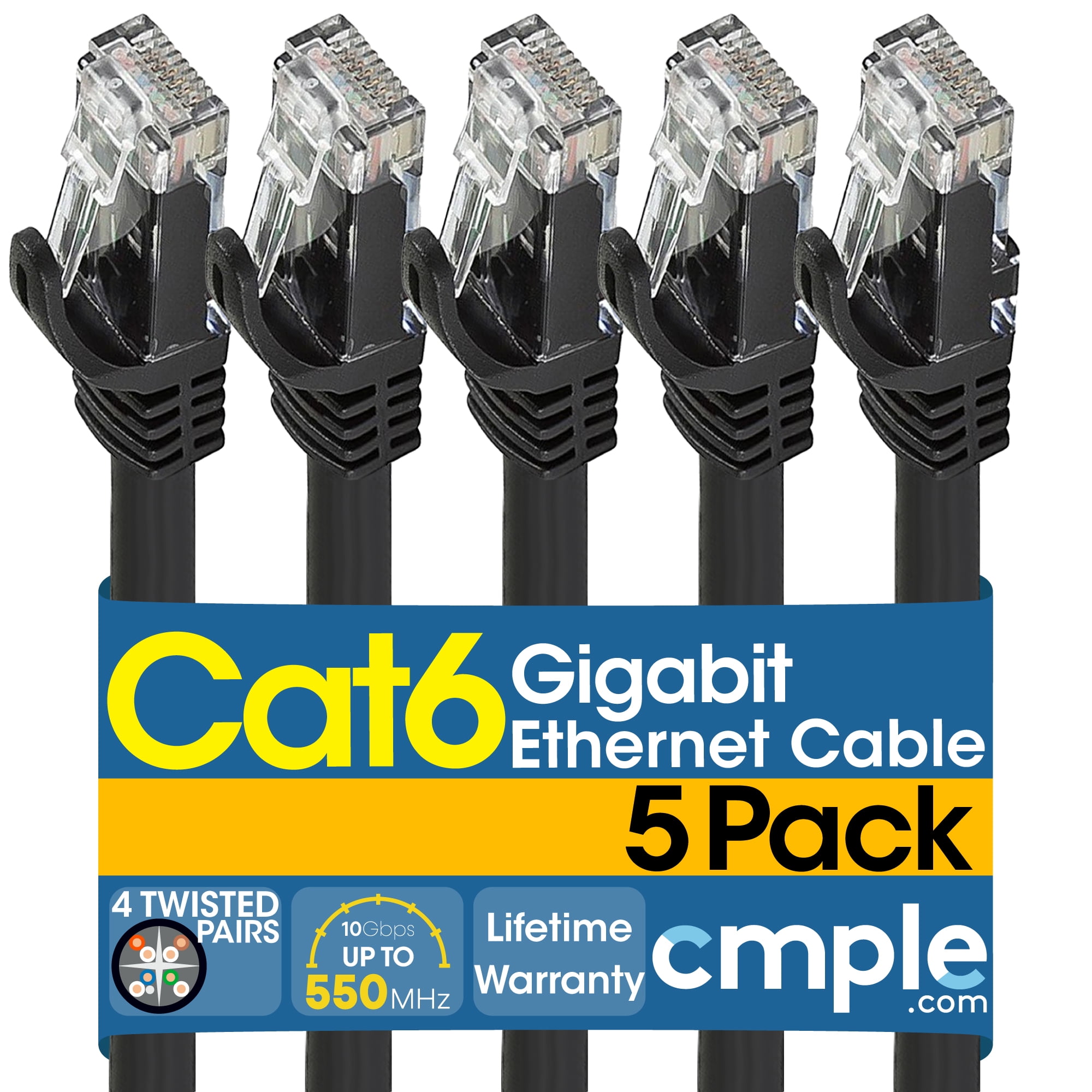 Cmple - [5 PACK] 7 Feet Cat6 Ethernet Cable, 10 Gigabit Network Cord ...
