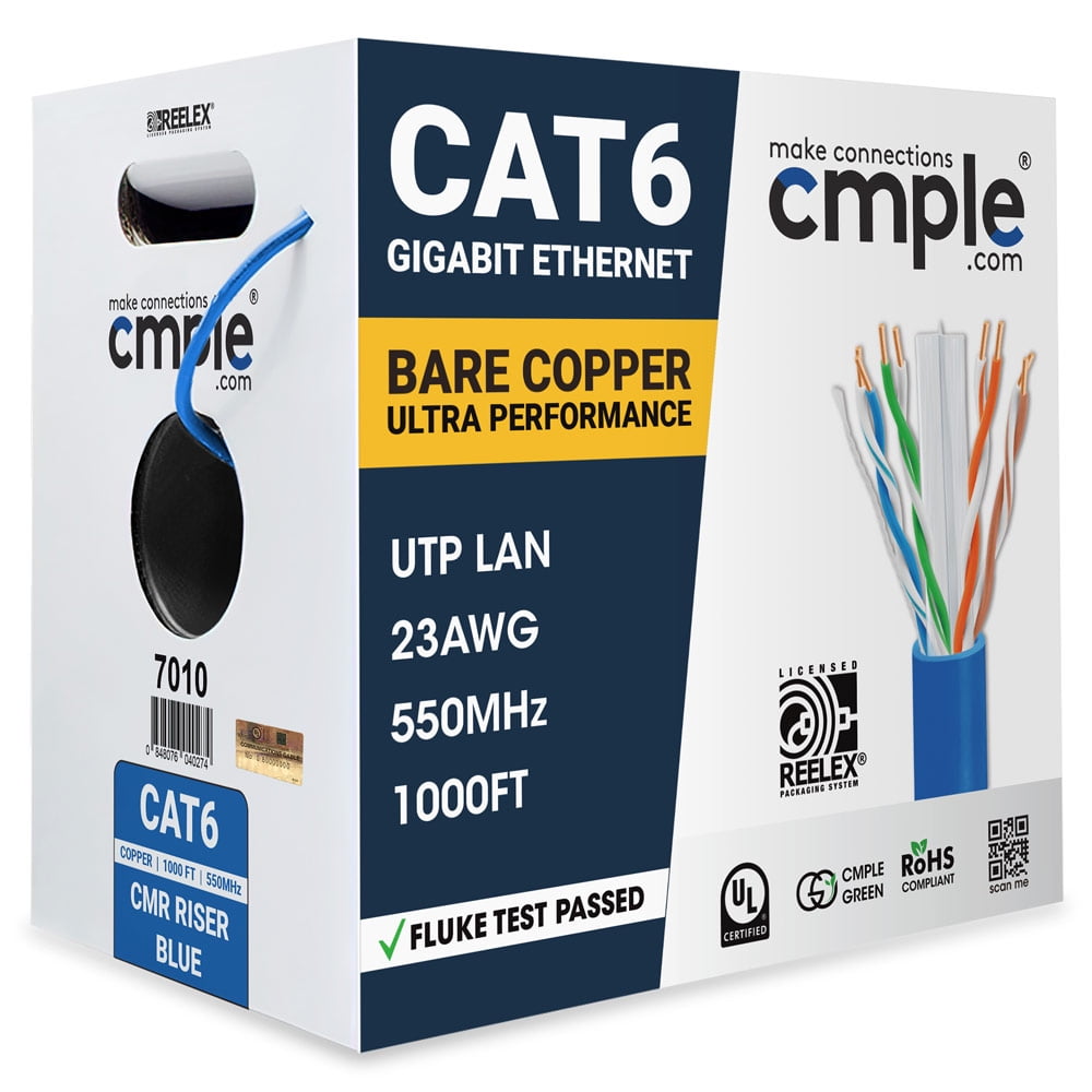 Cmple - Cat 6 Cable 1000ft, 23 AWG Bare Copper Wire CMR Riser Cat6 ...