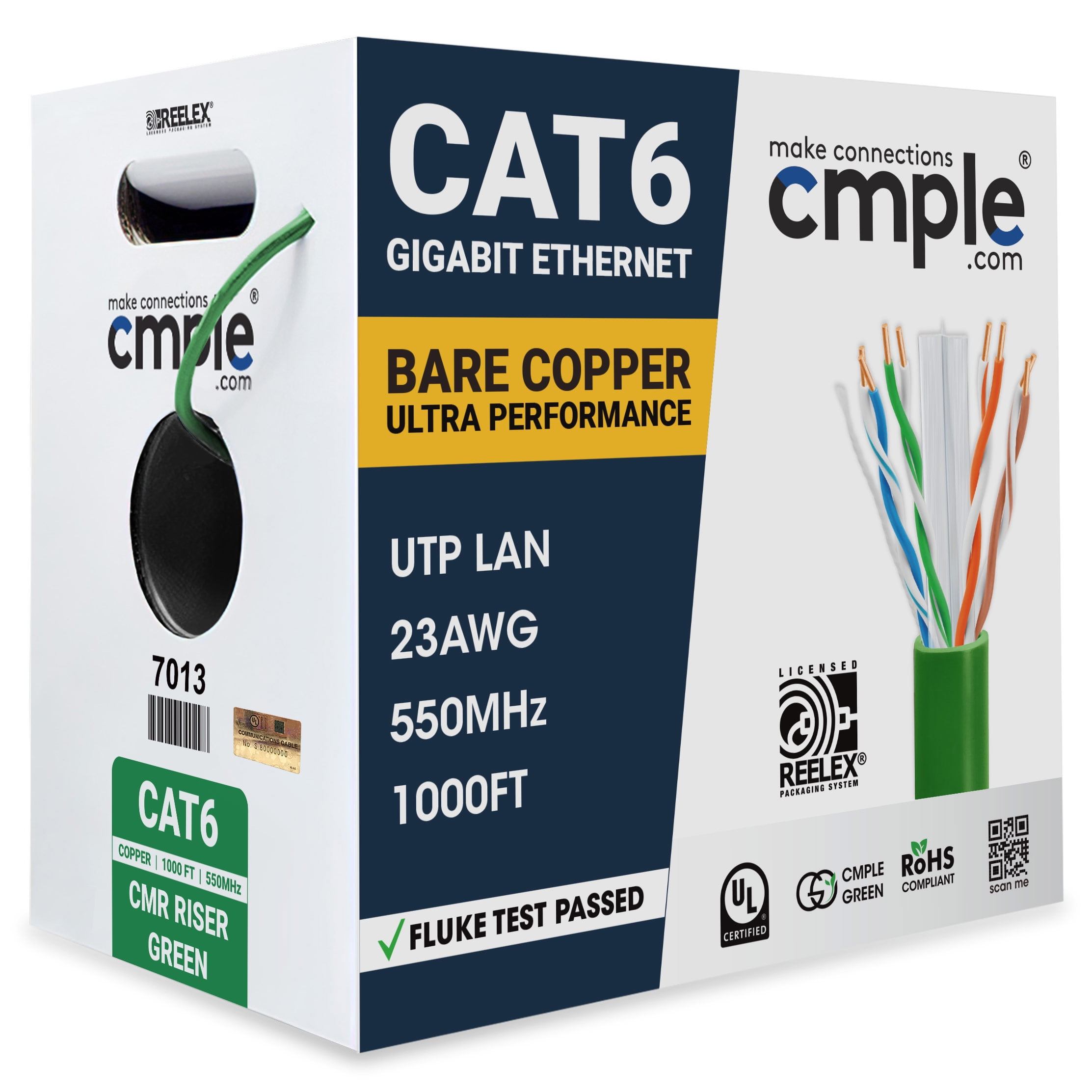 Cmple - Cat 6 Cable 1000ft, 23 AWG Bare Copper Wire CMR Riser Cat6 ...