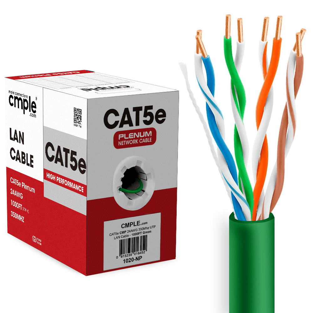 Cmple - Cat5e Plenum Cable 1000ft, CMP, Green, 350MHz Gigabit Ethernet ...