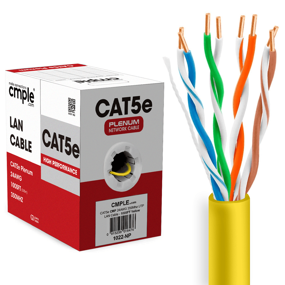 Cmple - Cat5e Plenum Cable 1000ft, CMP, Yellow, 350MHz Gigabit Ethernet Solid Network Internet ...