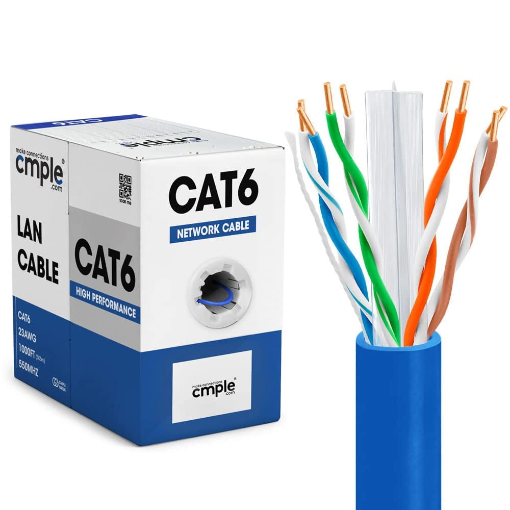 Cmple - Cat6 Cable 1000ft Bulk Lan Ethernet Cat 6 Wire Network UTP 23AWG CMR Riser 10 Gbps 550 ...
