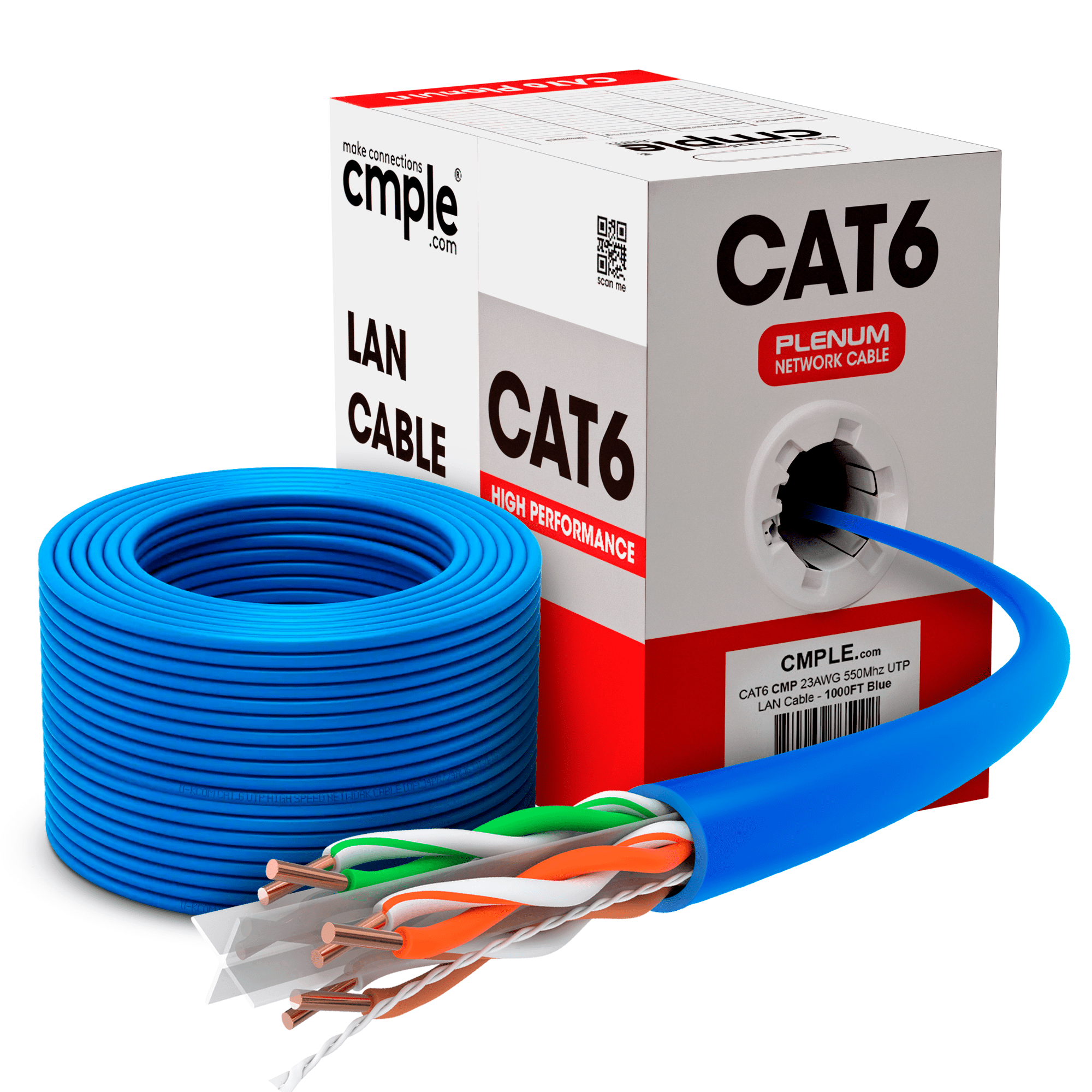 Cmple - Cat6 Ethernet Cable 1000ft Bulk CMP Plenum Rated, 23AWG 550MHz ...