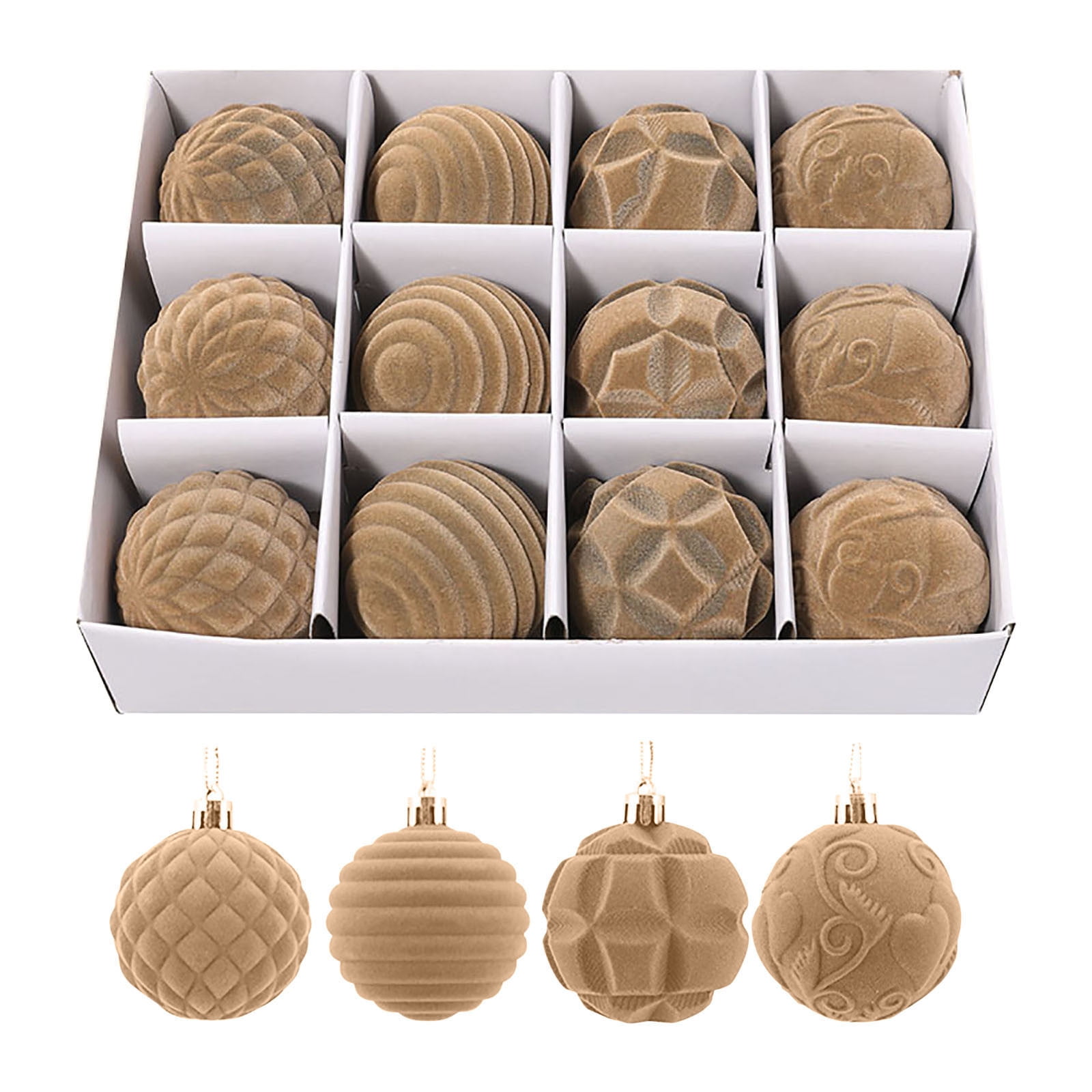 Cmunyle 12-Piece Flocking Christmas Ball Ornaments Set In Khaki Color ...