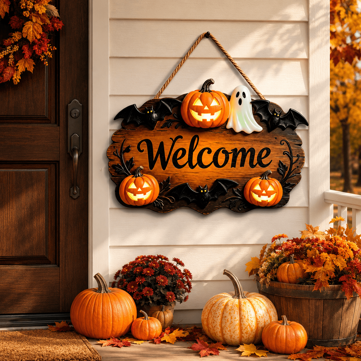 Cmunyle Halloween Wooden Door Sign Hanging Welcome Plaque with Pumpkin ...