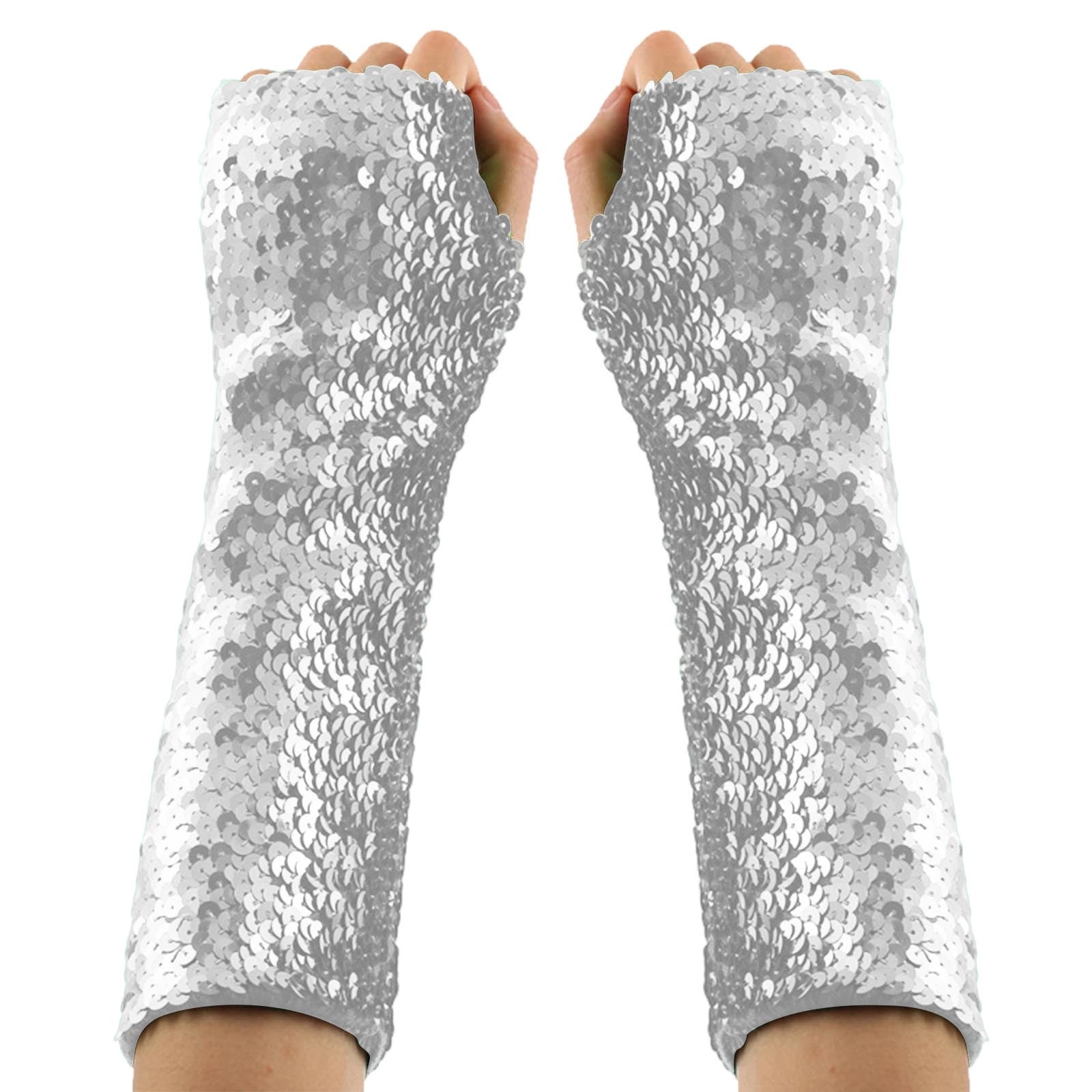 Cmunyle Women'S Silver Sequin Gloves Elastic Fingerless Sparkly Gloves ...