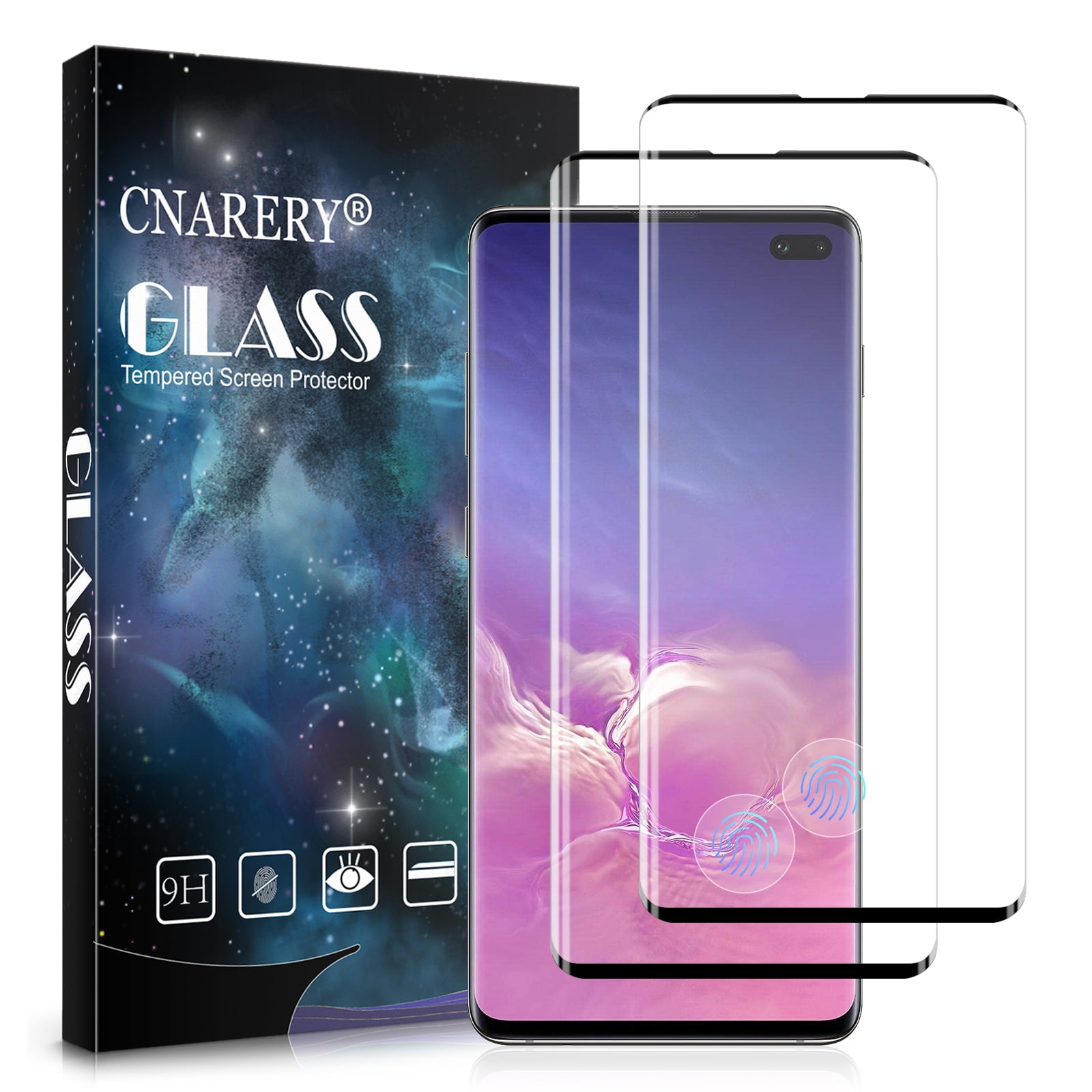 2-Pack Cnarery Galaxy S10 Plus Screen Protector, 9H Tempered Glass, Fingerprint Unlock, Case ...