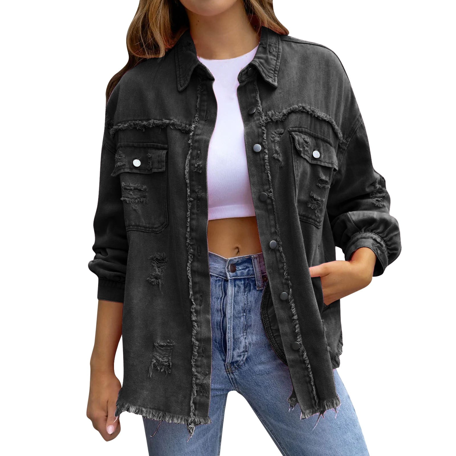 Cnbwig Fall Coats for Women 2025 Ripped Oversized Denim Jacket Solid ...