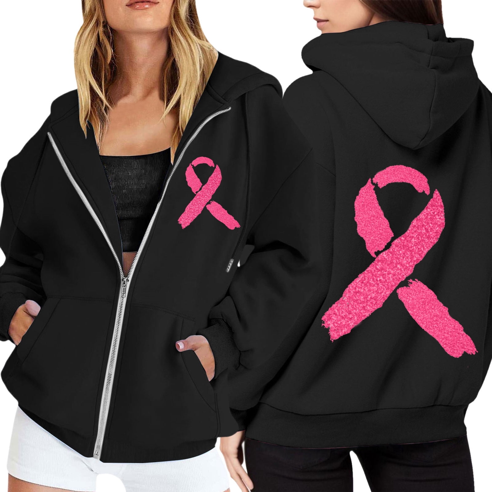 Cnbwig Fall Jackets for Women Zip Up Hoodie Fleece Breast Cancer ...