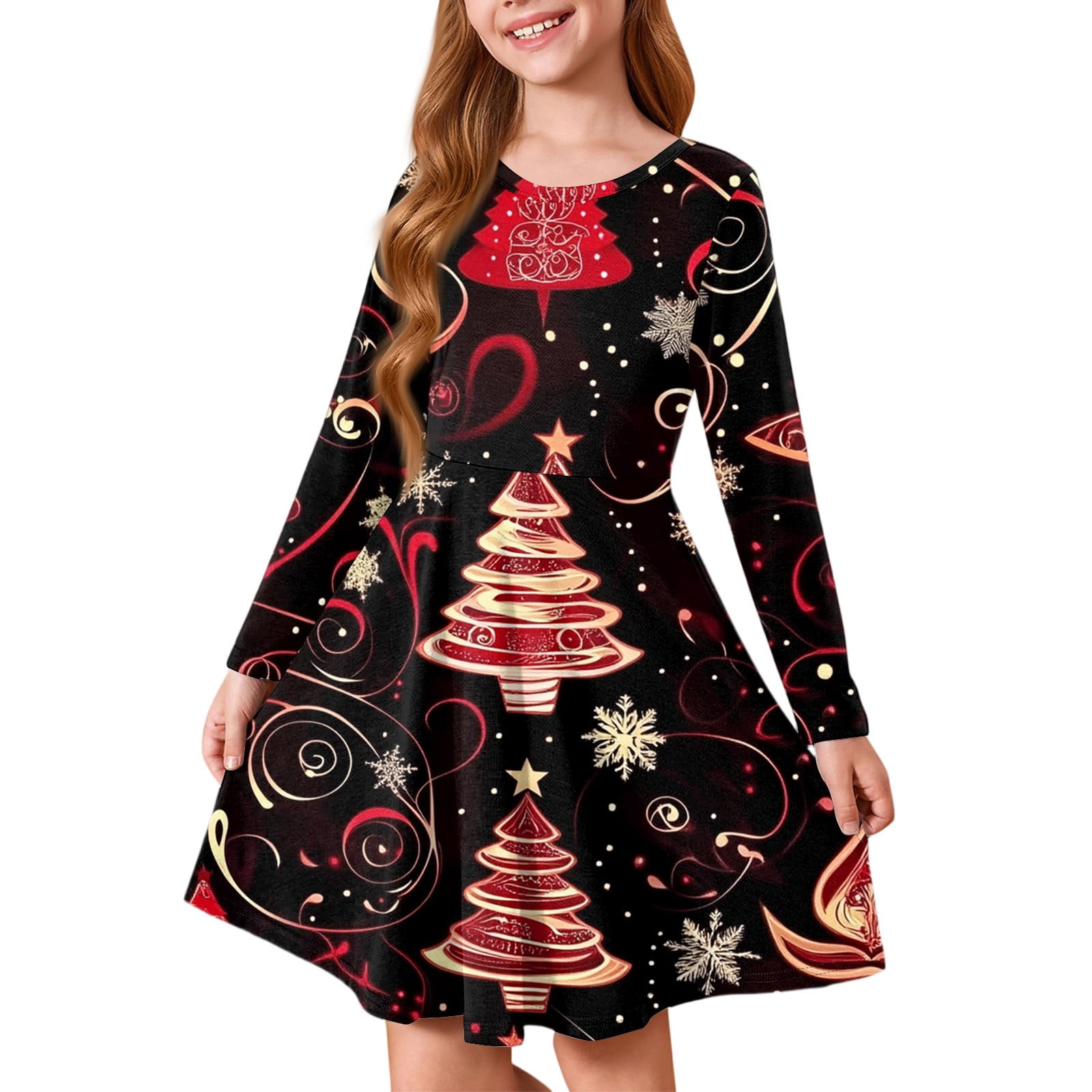 Cnbwig Girls' Vintage Christmas Printed Dress Long Sleeve Round Neck A ...
